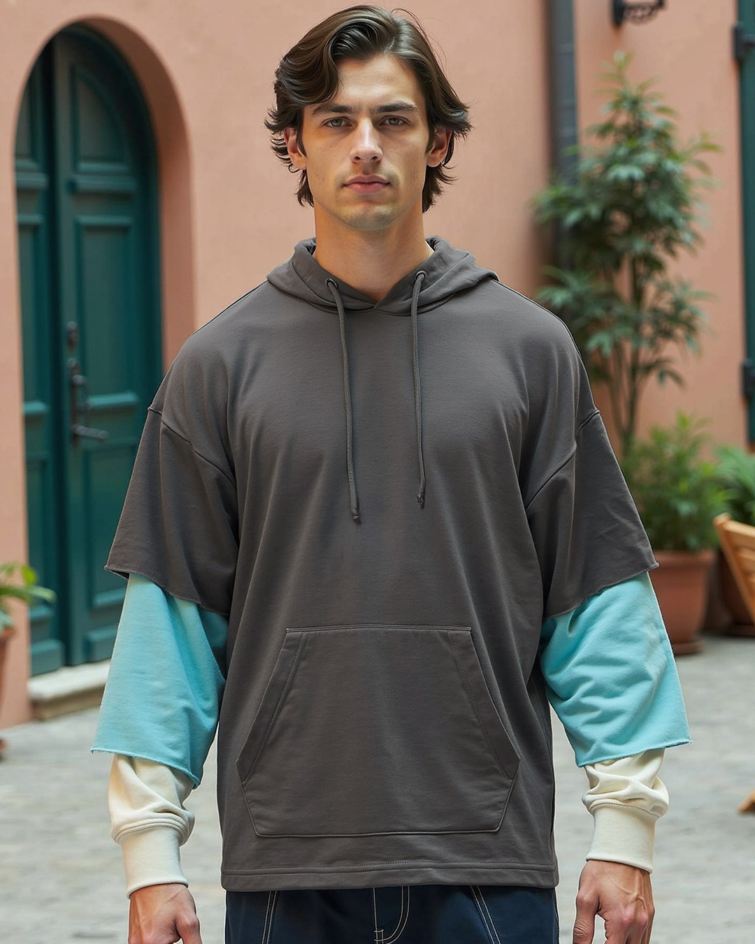 Buy Men's Grey Color Block Oversized Hooded T-shirt Online at Bewakoof