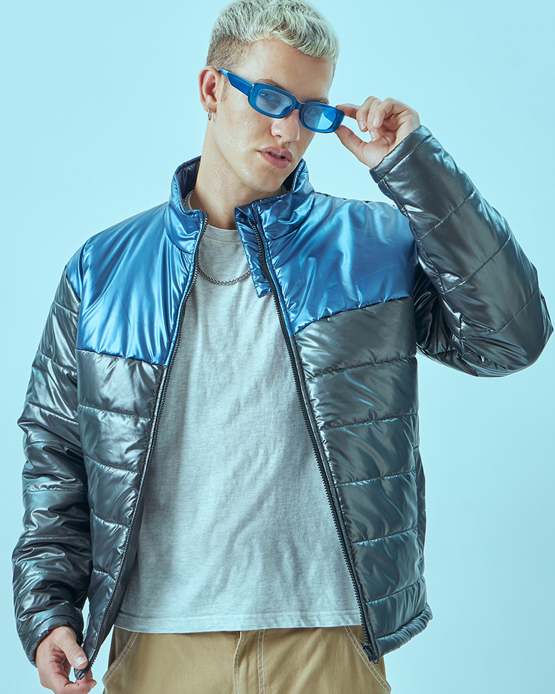 Buy Men's Grey Color Block Oversized Puffer Jacket Online at Bewakoof