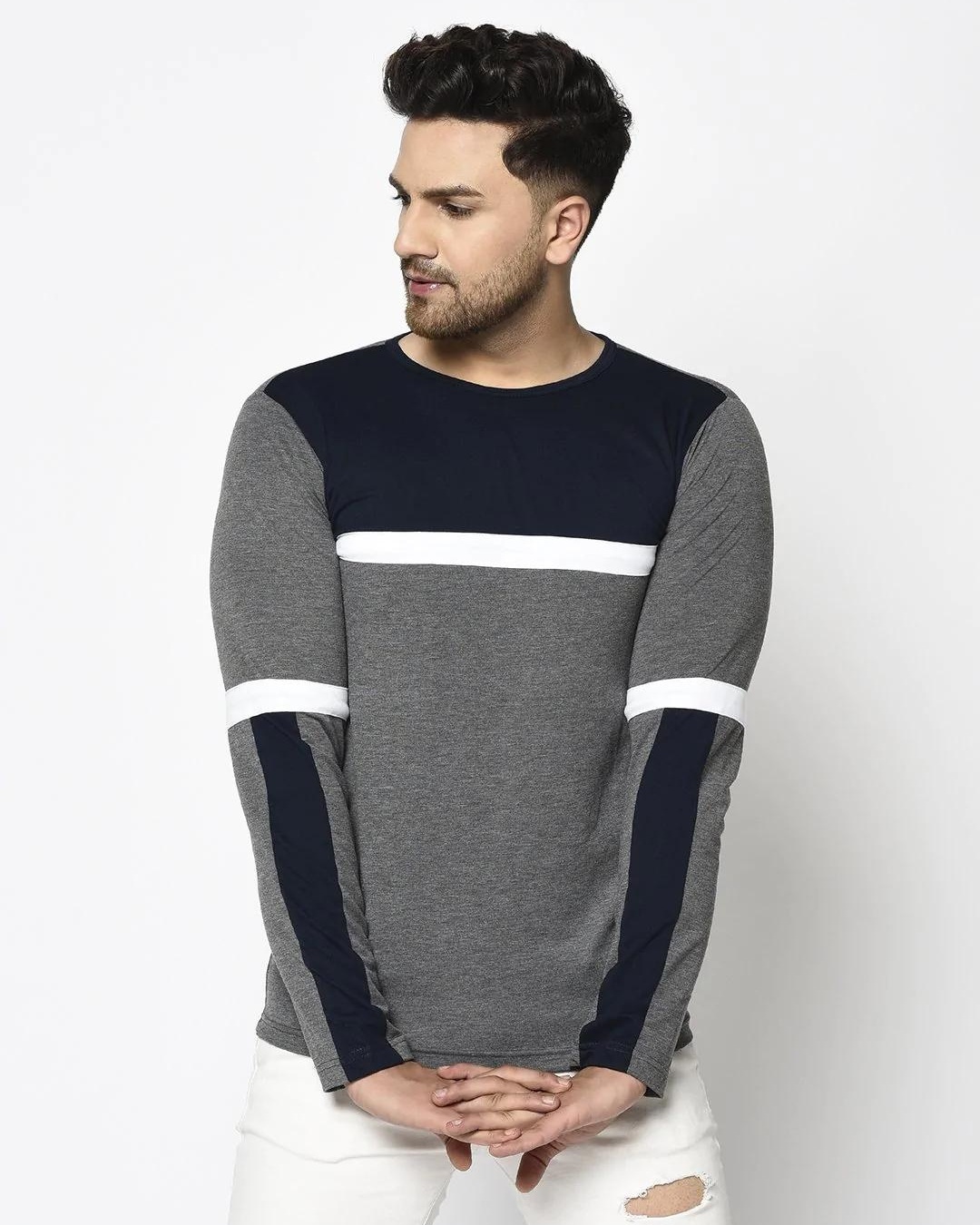 Buy Men's Grey Color Block Slim Fit T-shirt Online at Bewakoof