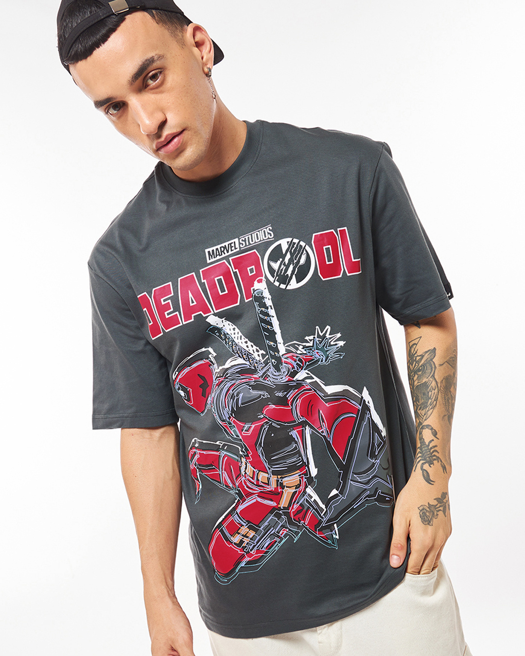 Buy Mens Grey Deadpool Graphic Printed Oversized T Shirt Online At