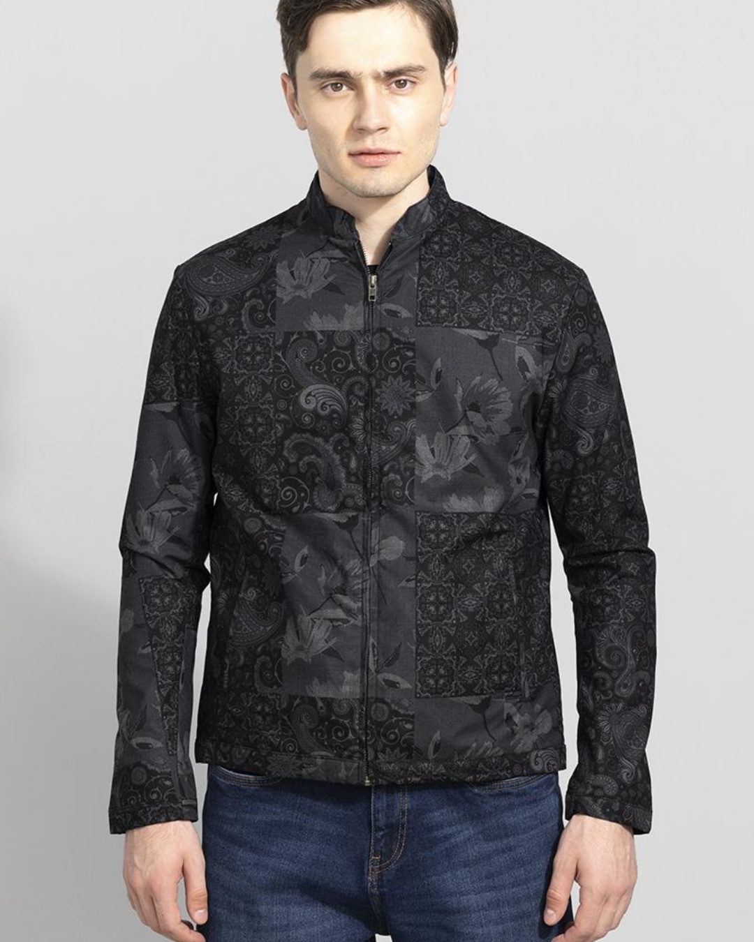 Buy Men's Grey Ethnic Motif Printed Slim Fit Jacket for Men Grey Online ...