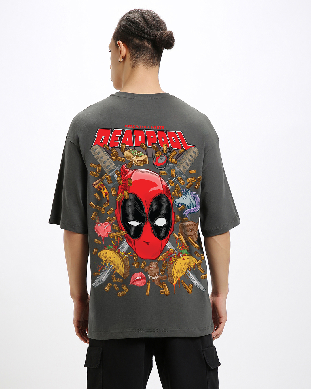 Buy Mens Grey Foodie Deadpool Graphic Printed Oversized T Shirt Online