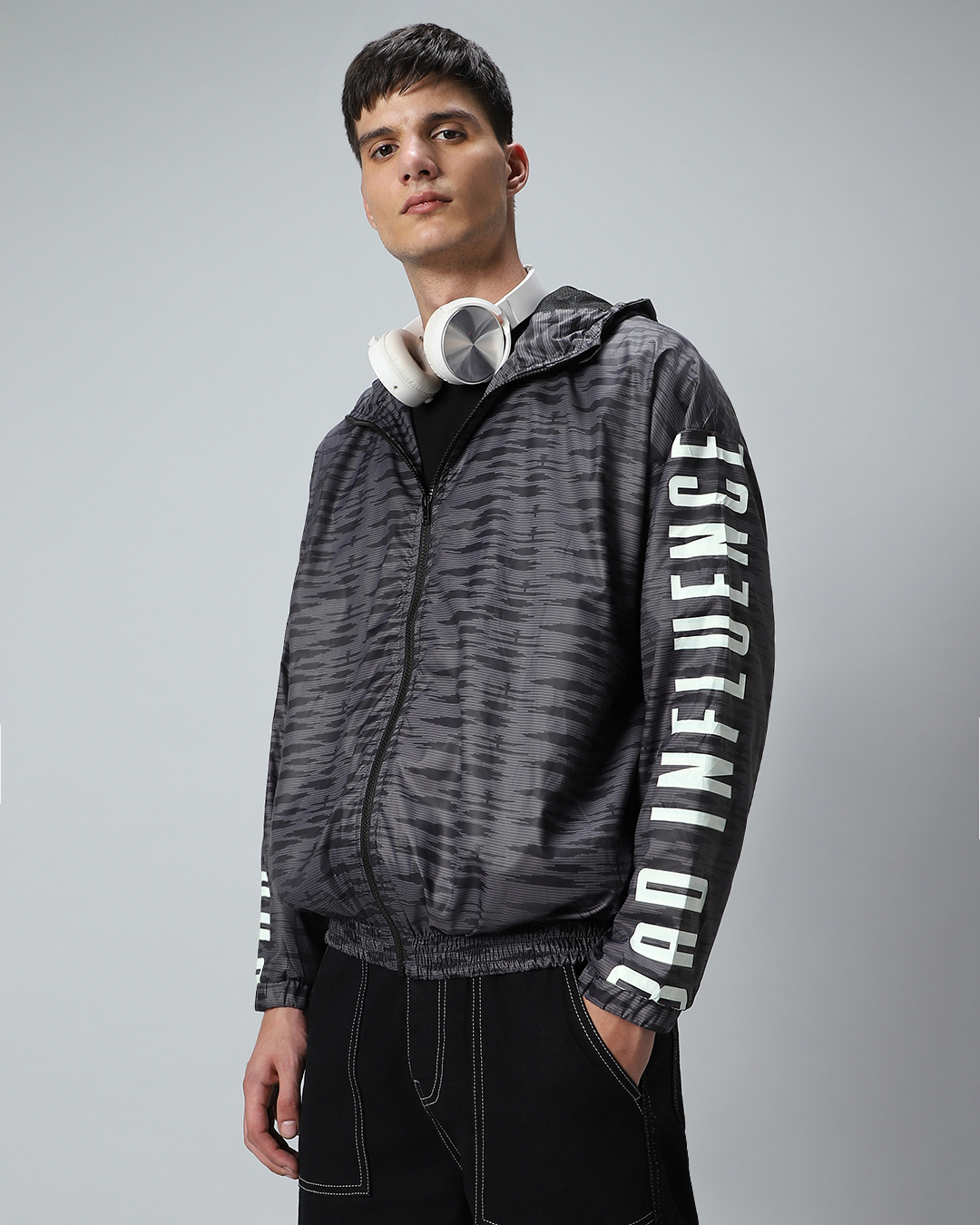 Buy Men's Grey Bad Influence Typography Super Loose Fit Windcheater ...