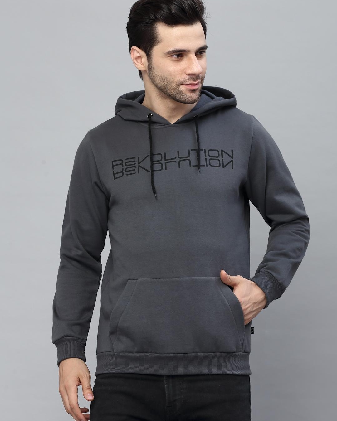 Buy Men's Grey Revolution Typography Slim Fit Hooded Sweatshirt Online ...