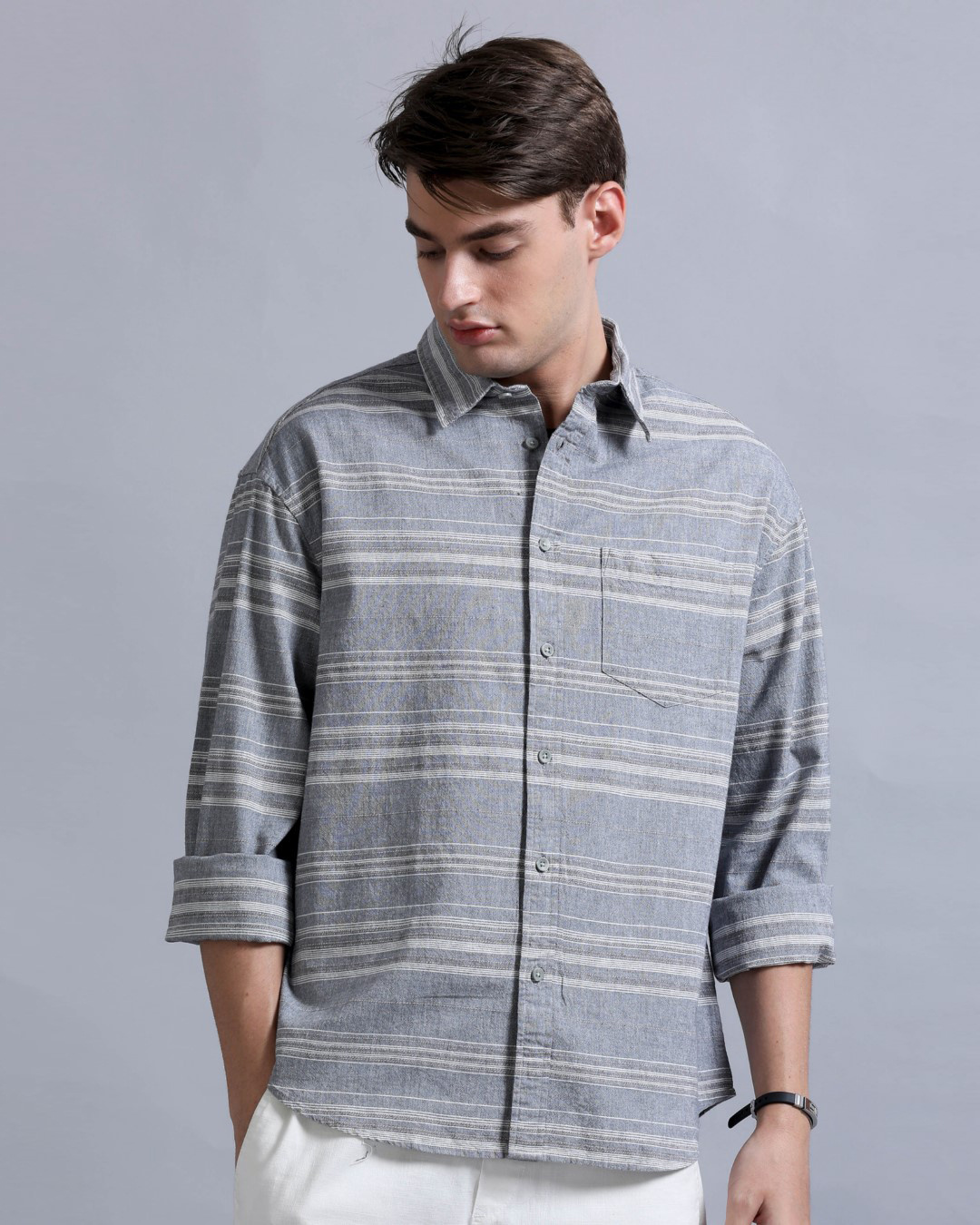 Buy Men's Grey Striped Oversized Shirt Online at Bewakoof
