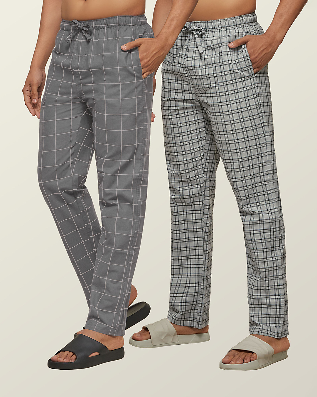 Buy Pack of 2 Men's Grey Super Combed Cotton Checkered Pyjamas Online ...