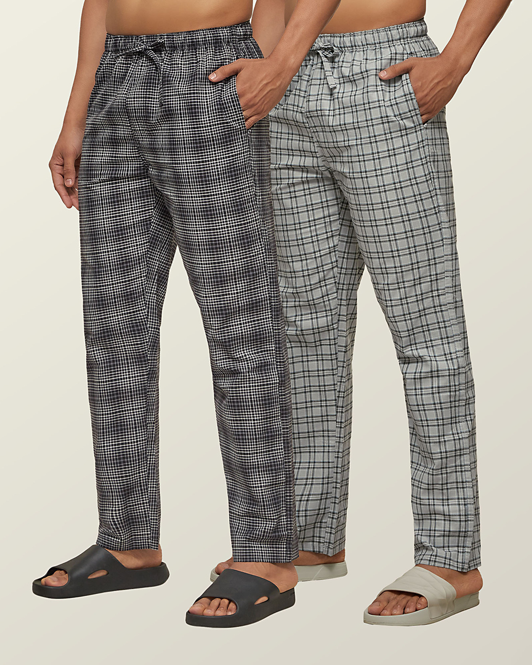 Buy Pack of 2 Men's Grey Super Combed Cotton Checkered Pyjamas Online ...