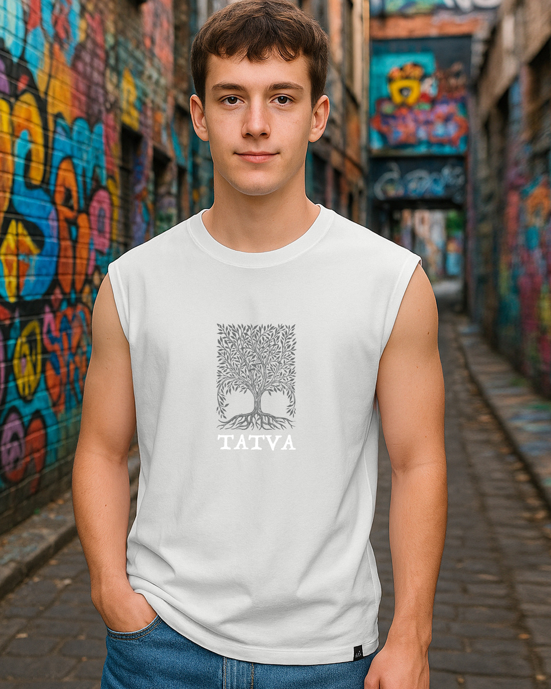 Buy Men's Grey Tatva Graphic Printed Boxy Fit Vest Online at Bewakoof