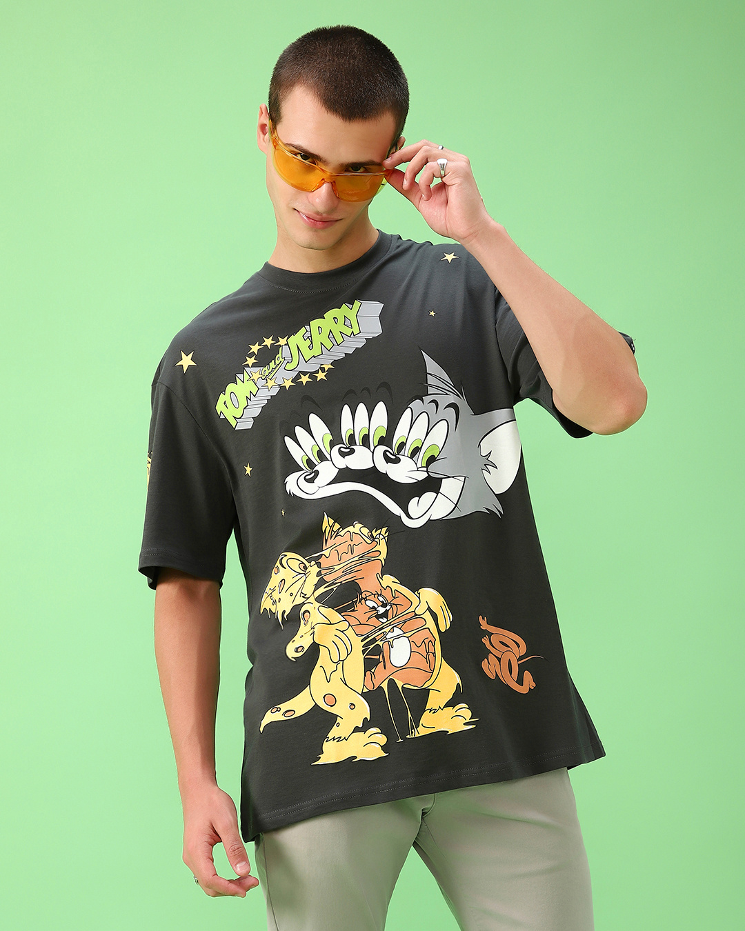 Buy Mens Grey Troublemaker Fanclub Graphic Printed Oversized T Shirt