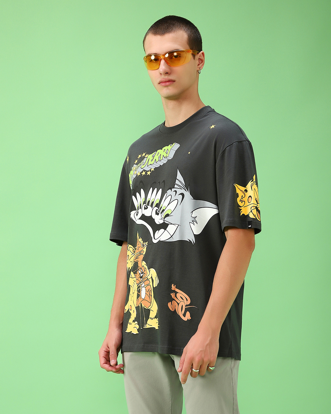 Buy Mens Grey Troublemaker Fanclub Graphic Printed Oversized T Shirt