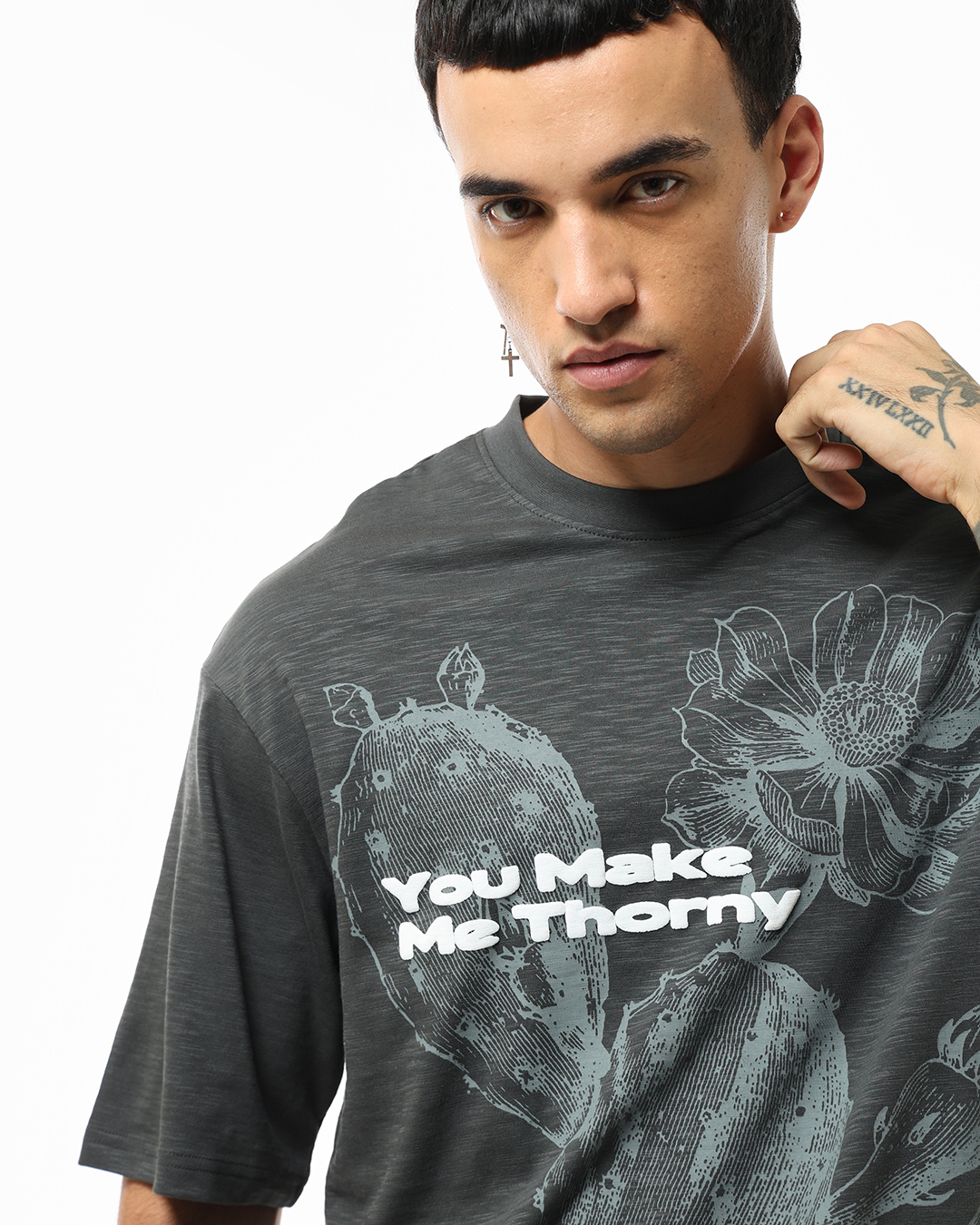 Buy Men's Grey U Make Me Thorny Graphic Printed Oversized T-shirt Online at Bewakoof