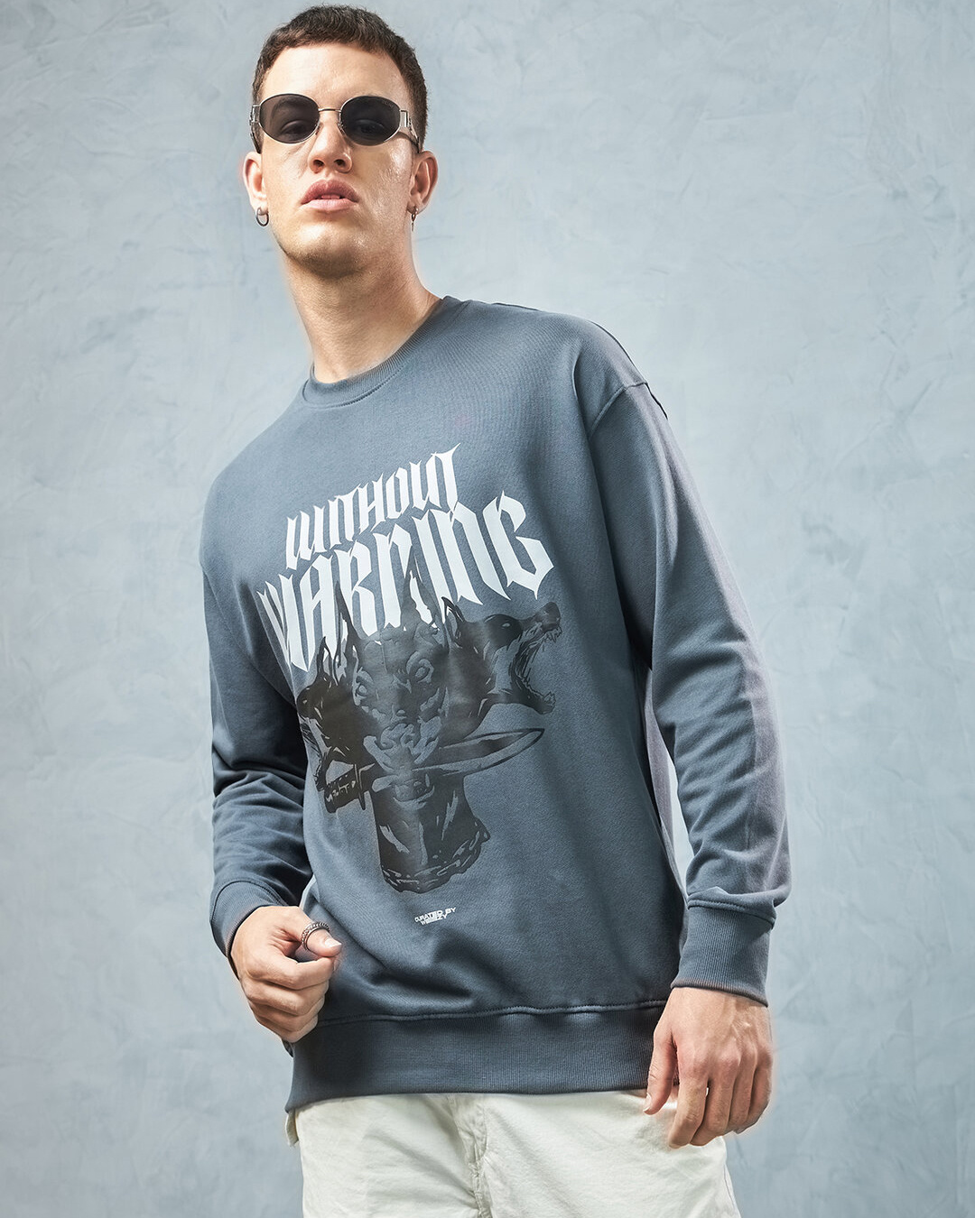 Buy Men's Grey Without Warning Graphic Printed Oversized Sweatshirt ...