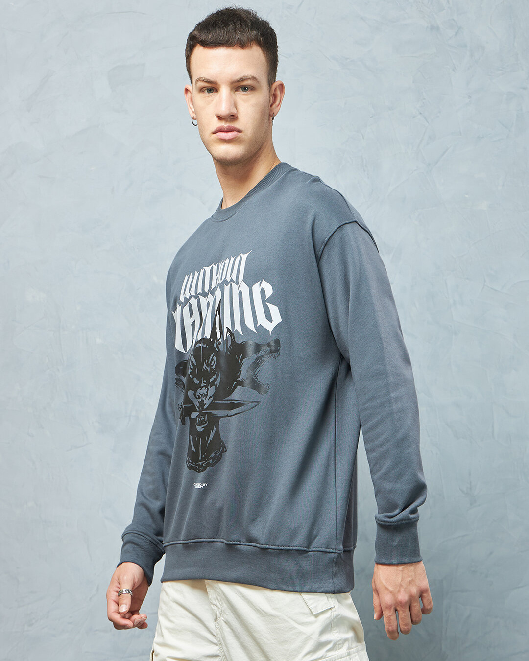 Buy Men's Grey Without Warning Graphic Printed Oversized Sweatshirt ...