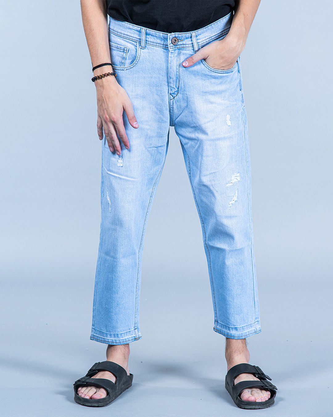 Buy Men's Ice Blue Washed Distressed Slim Fit Jeans Online at Bewakoof