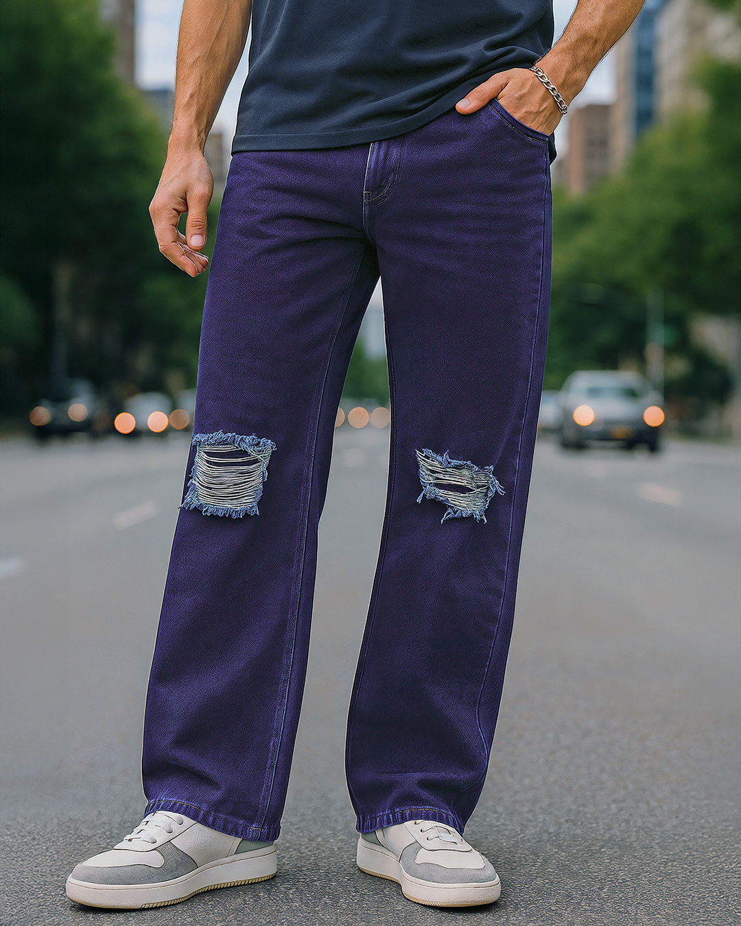 Buy Men's Indigo Blue Washed Baggy Fit Distressed Mid-Rise Jeans Online ...