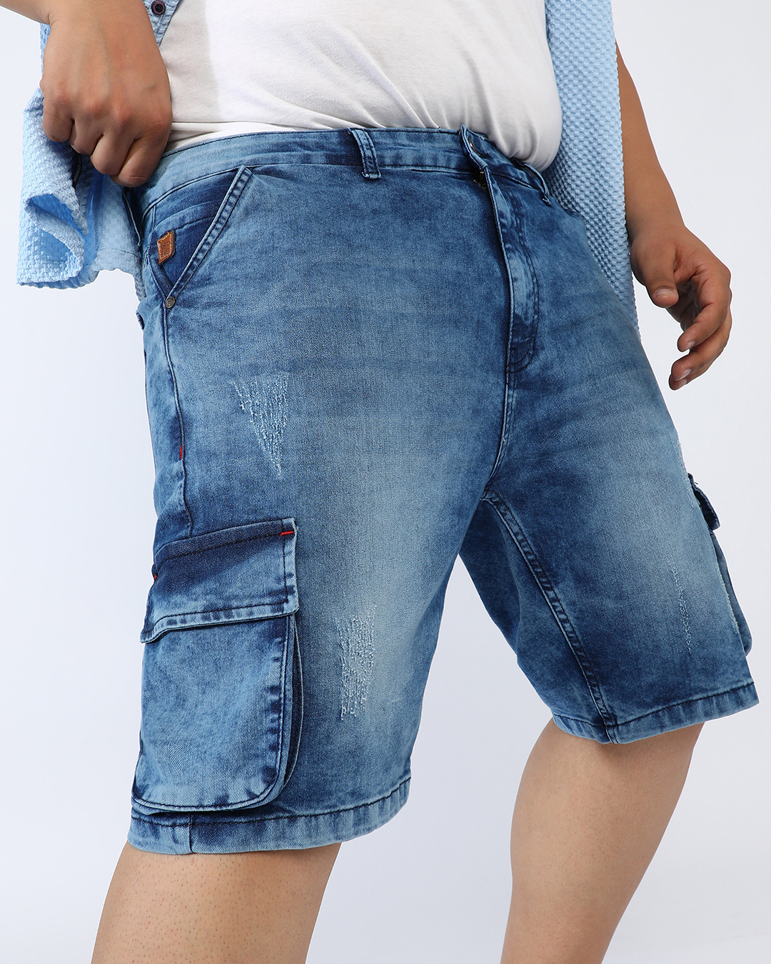 Buy Men's Indigo Blue Washed Oversized Plus Size Distressed Cargo Denim ...