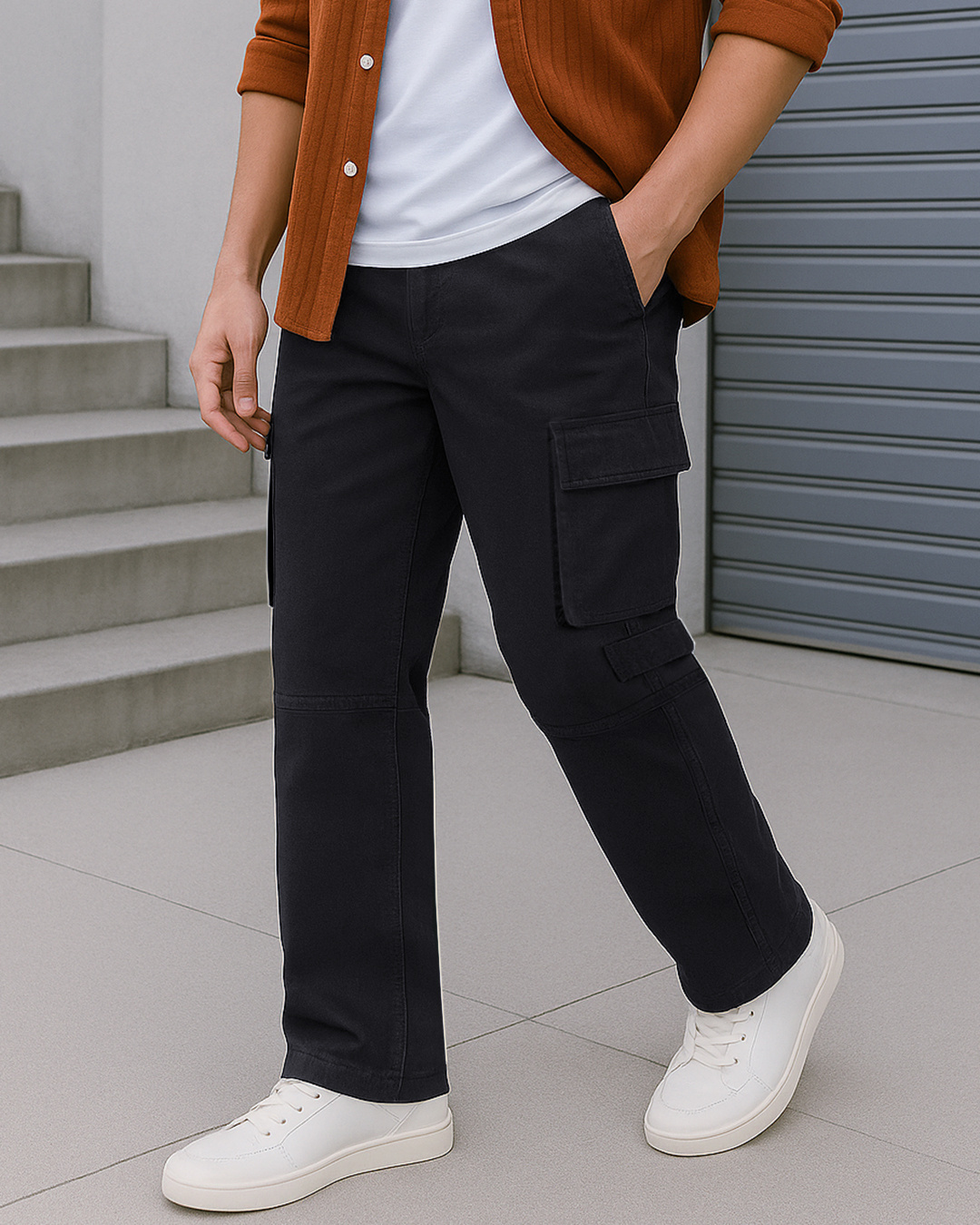 Buy Men's Jet Black Baggy Straight Fit Cargo Pants Online at Bewakoof