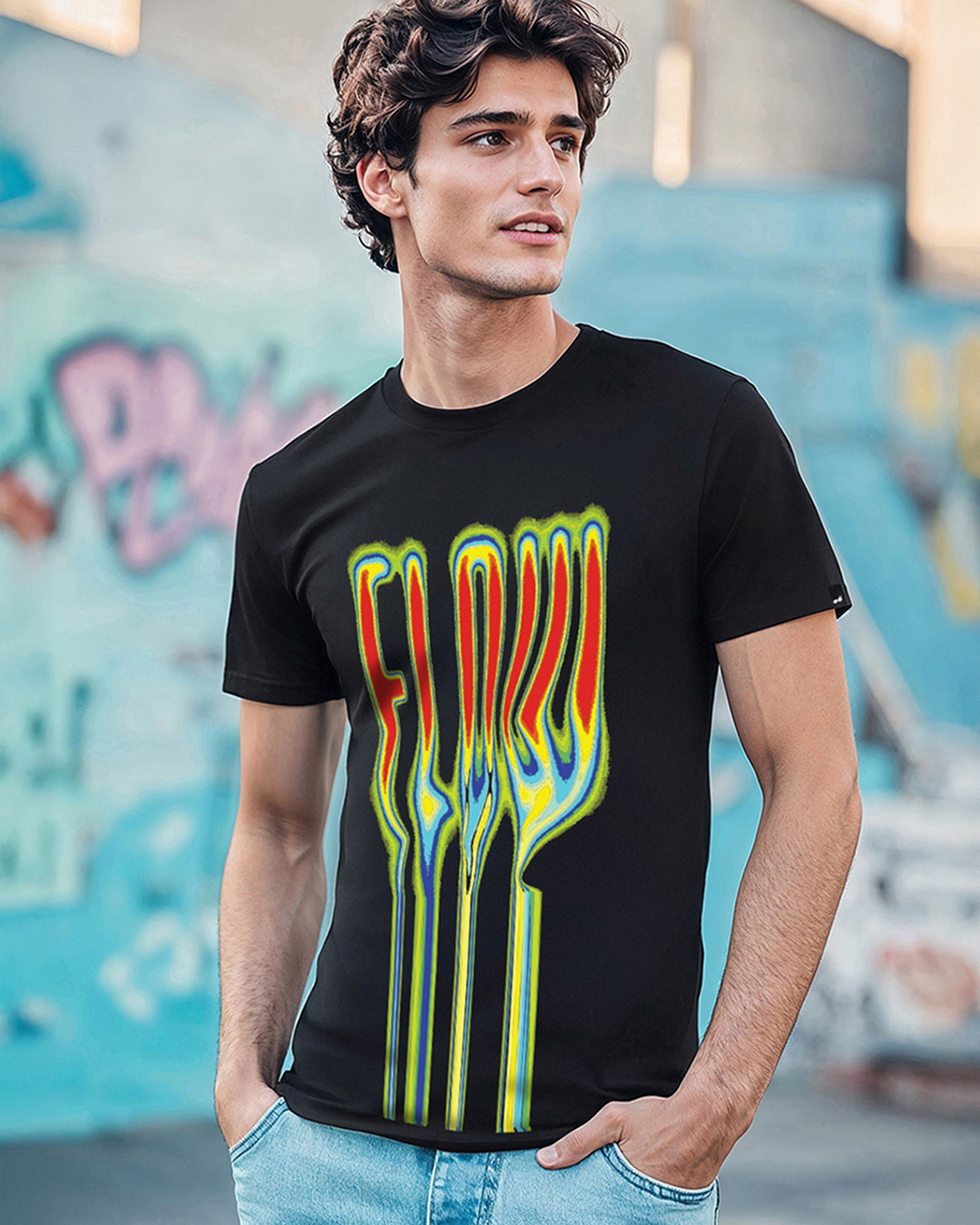 Buy Men's Jet Black Flow Graphic Printed T-shirt Online at Bewakoof