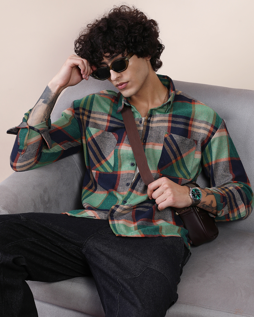 Buy Men's Jungle Green & Navy Blue Checked Oversized Shacket Online at ...