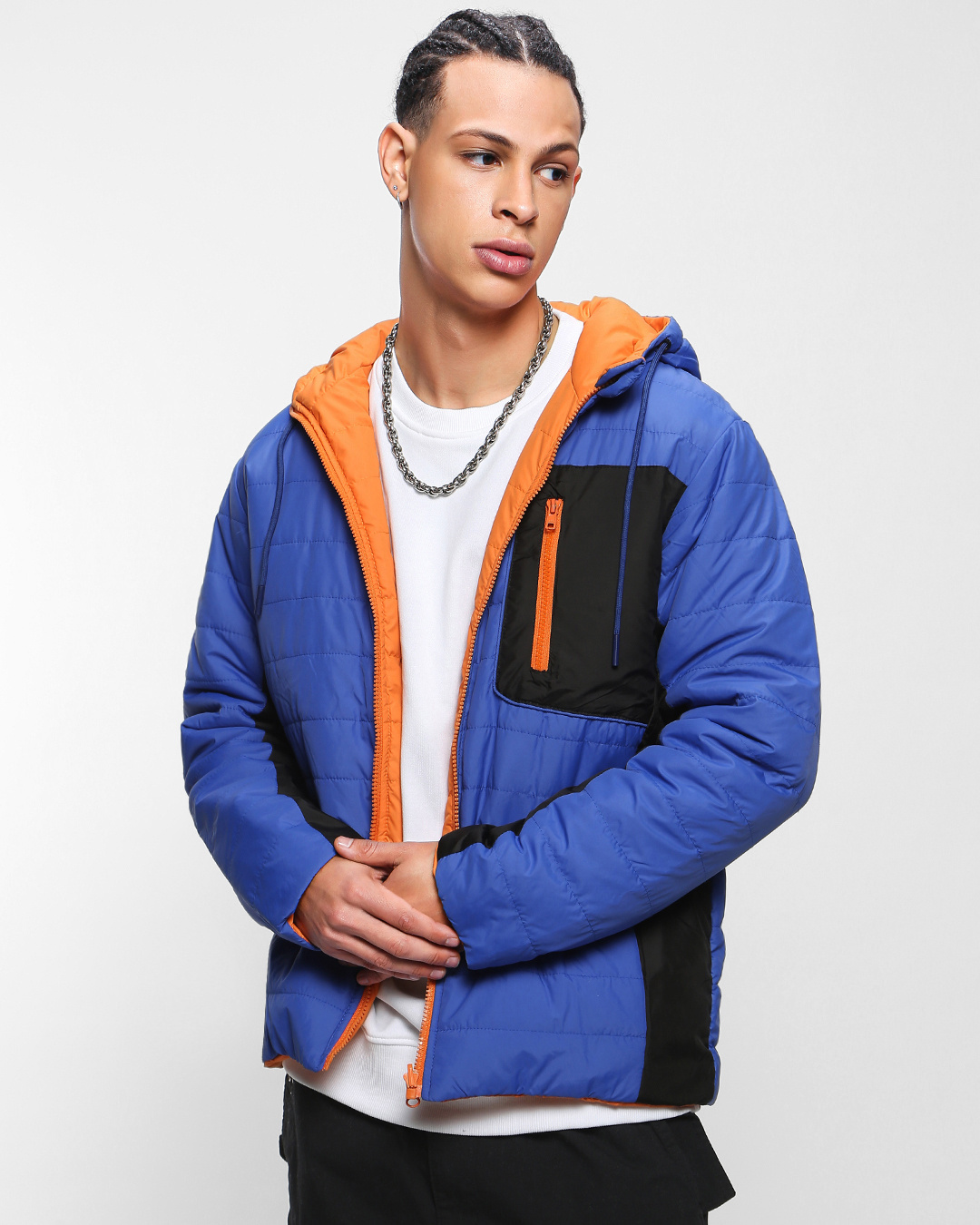 Buy Men's Blue & Orange Color Block Oversized Reversible Puffer Jacket ...
