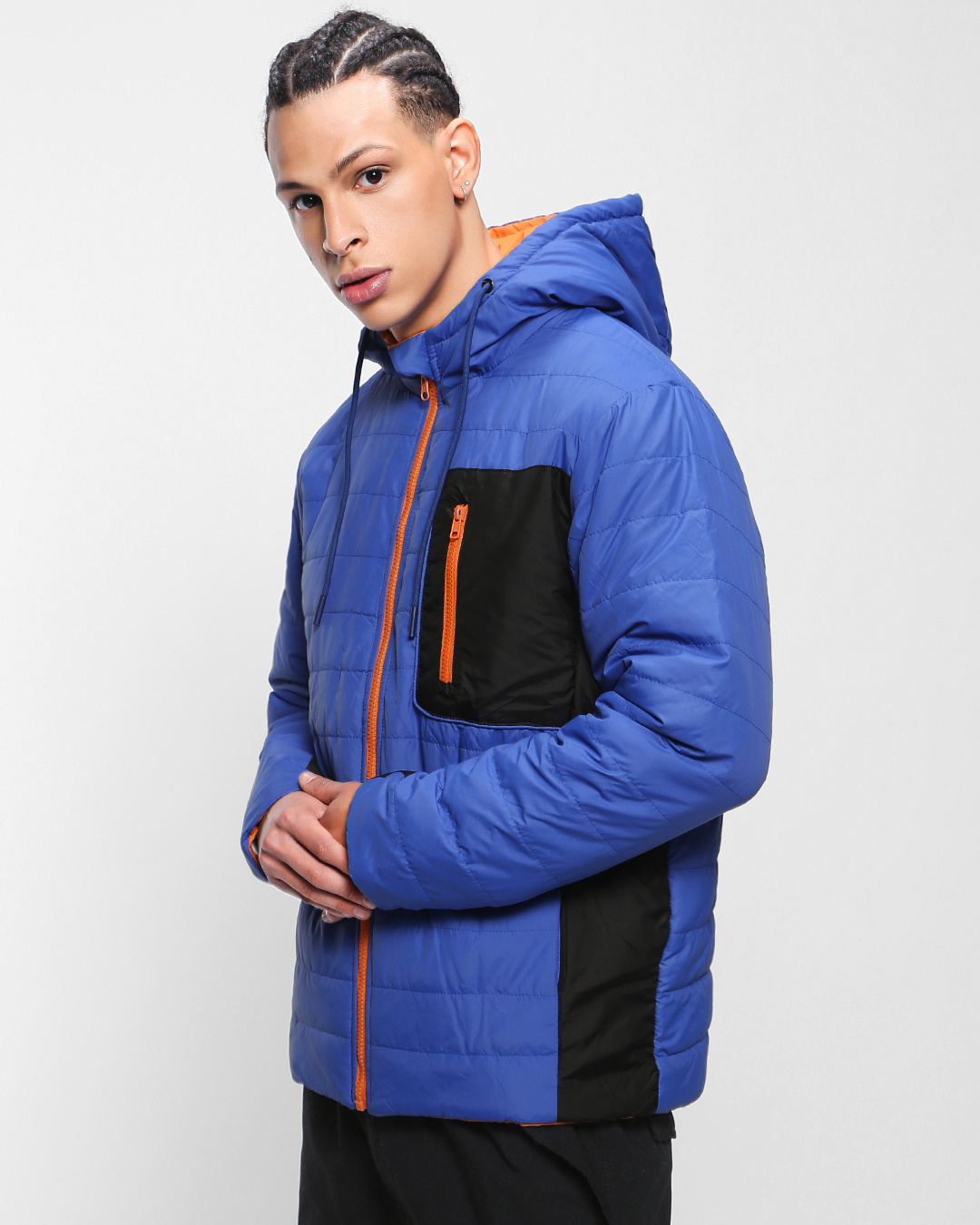 Buy Men's Blue & Orange Color Block Oversized Reversible Puffer Jacket ...