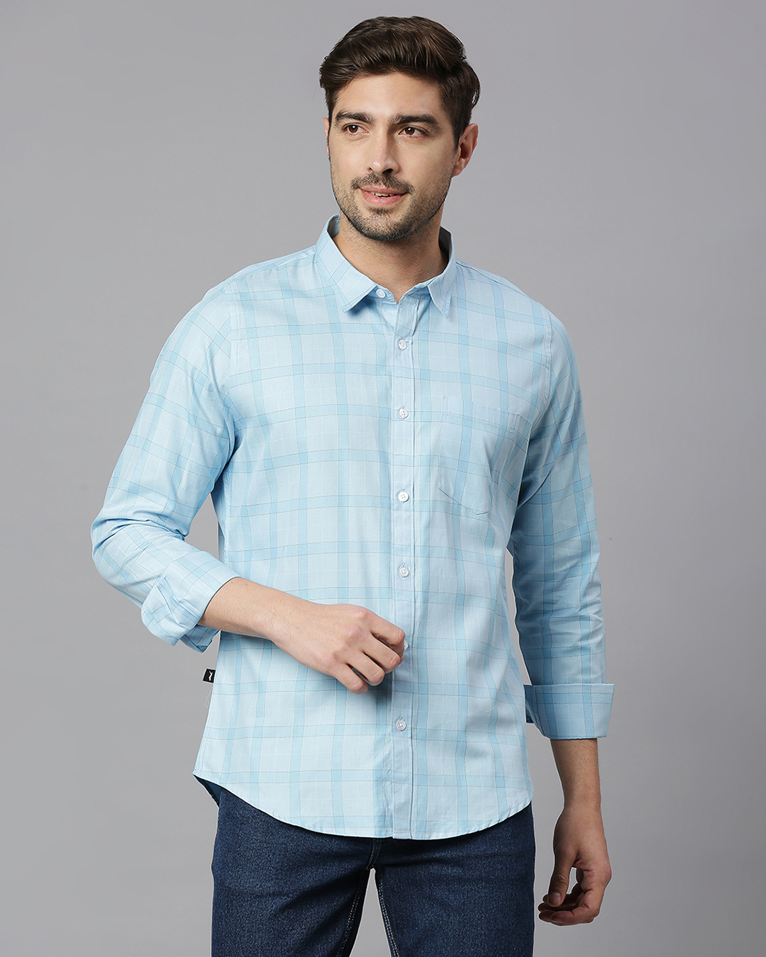 Buy Men's Light Blue Checked Slim Fit Shirt Online at Bewakoof
