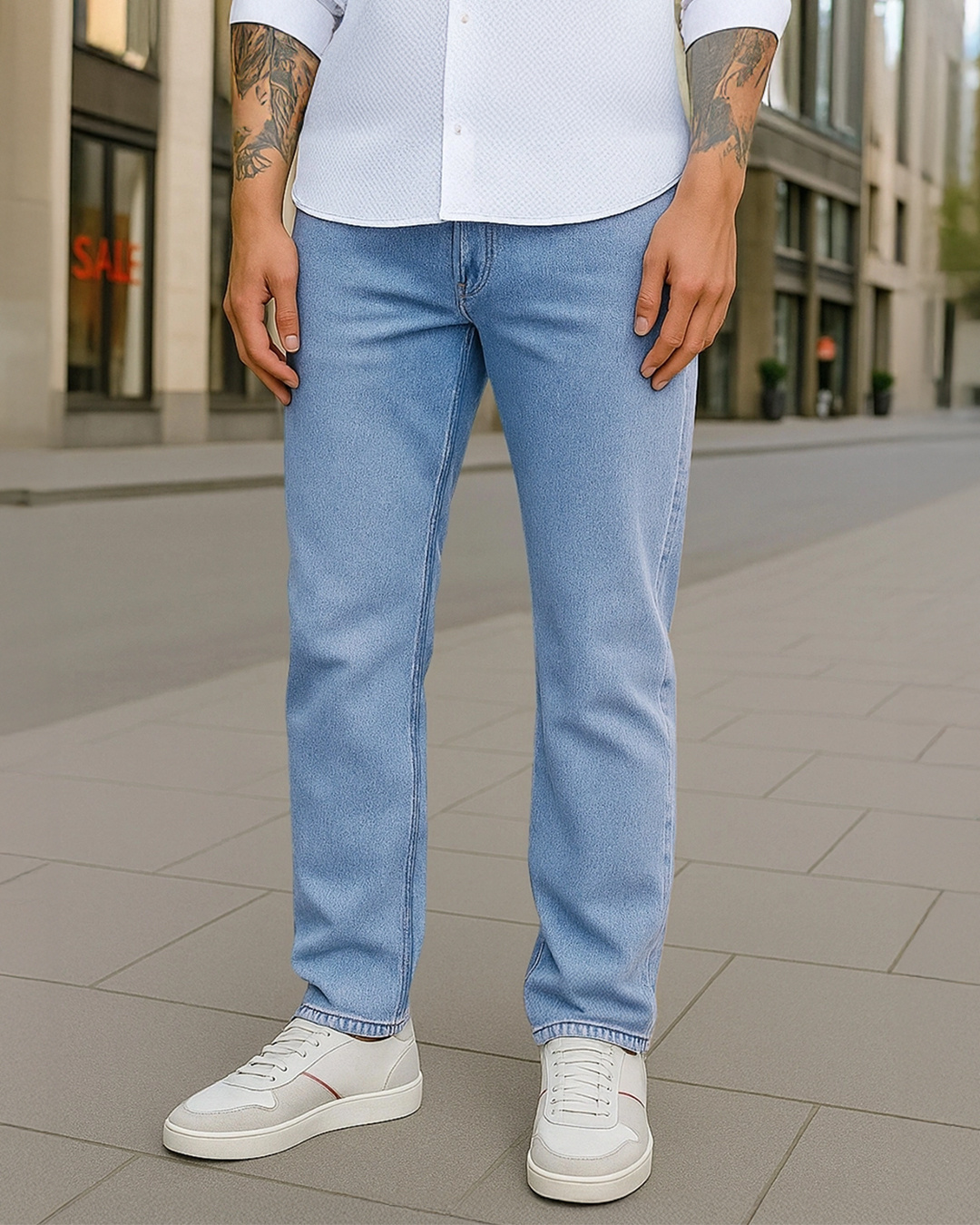 Buy Men's Light Blue Washed Slim Straight Fit Stretchable Mid-Rise ...