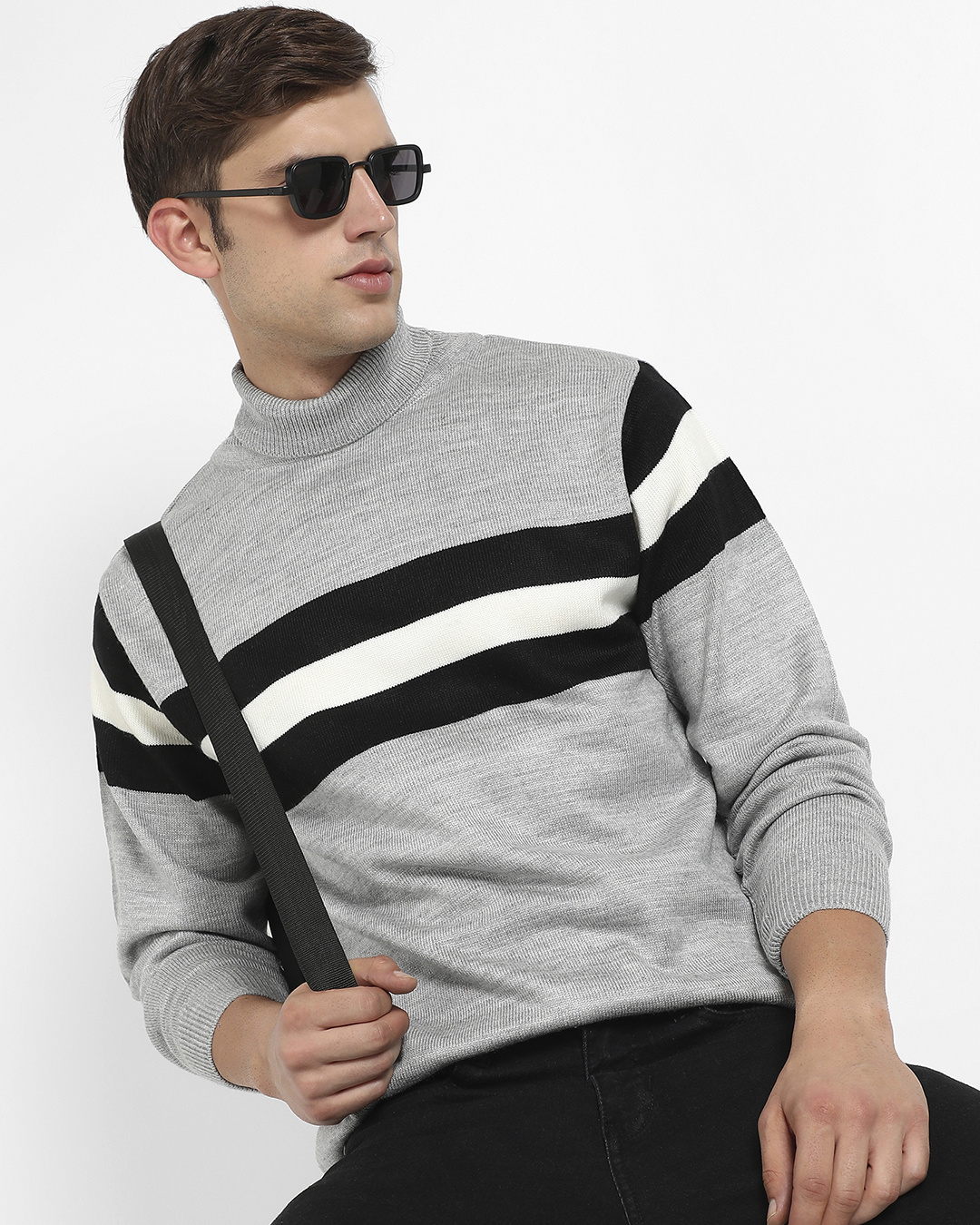 Buy Men's Light Grey & Black Color Block Sweater Online at Bewakoof