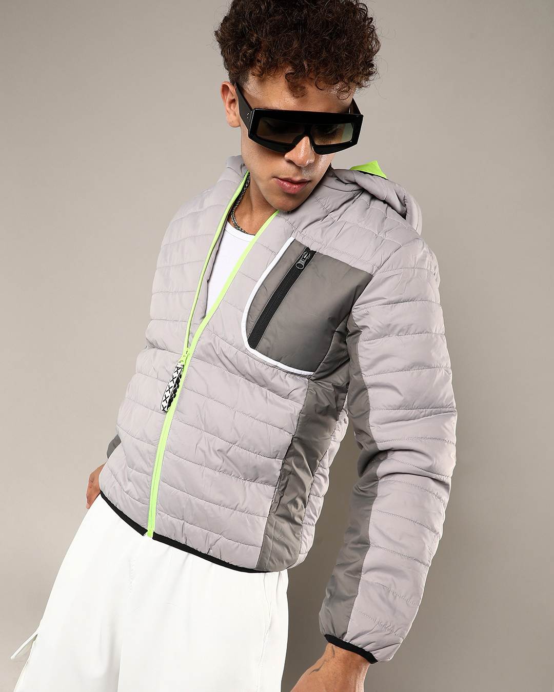 Buy Men's Light Grey Color Block Puffer Jacket Online at Bewakoof