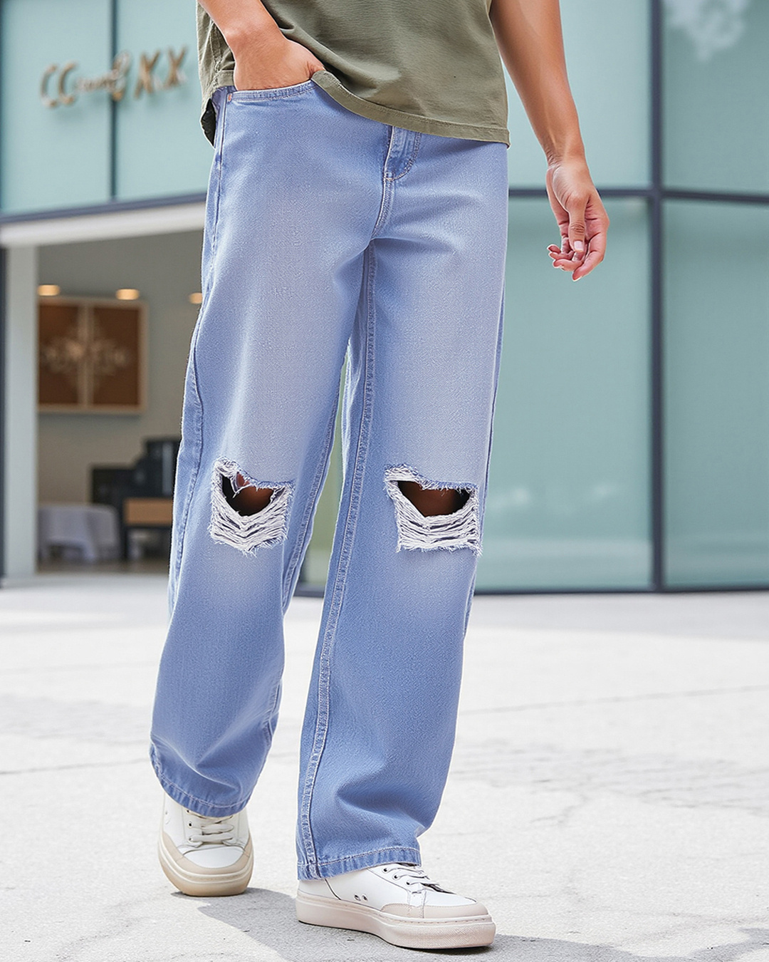 Buy Men's Light Blue Baggy Fit Distressed Mid-Rise Jeans Online at Bewakoof