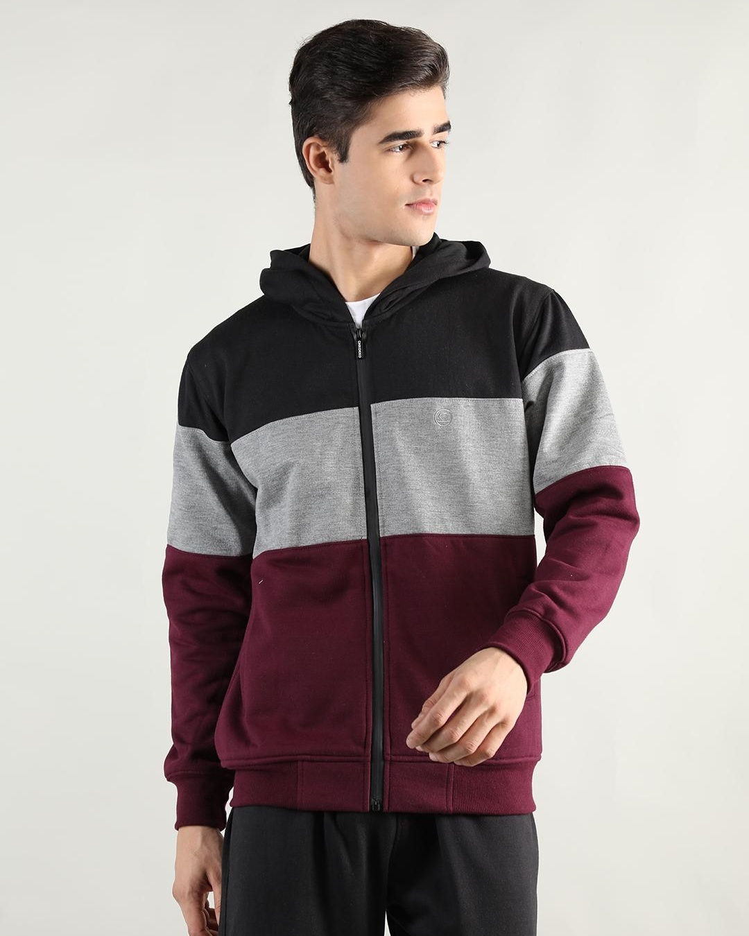 Buy Men's Maroon & Black Color Block Hooded Jacket Online at Bewakoof