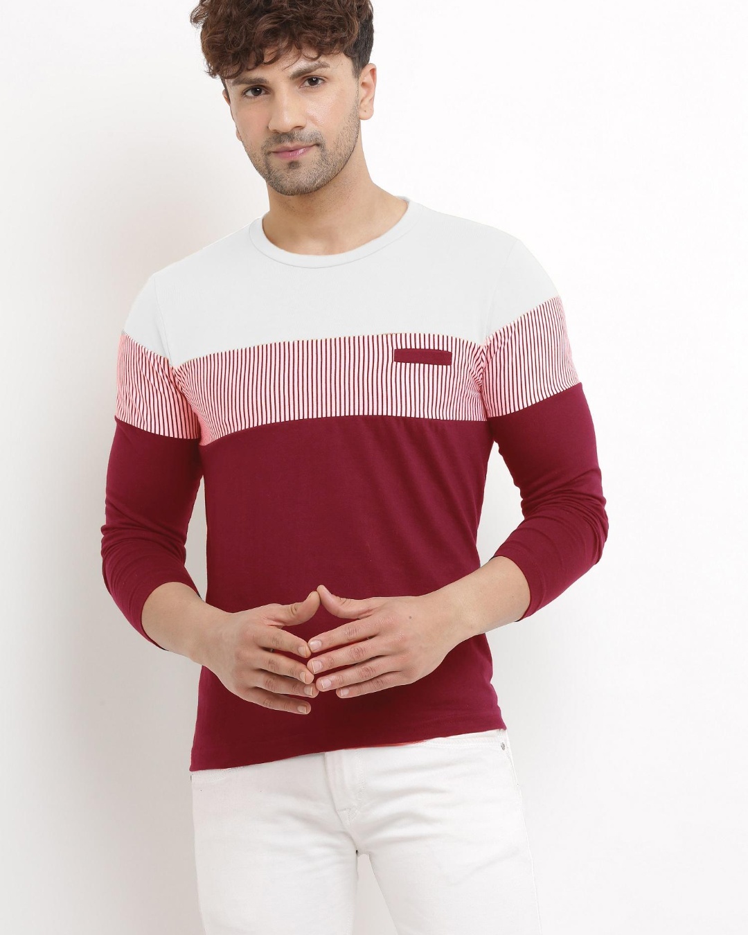 Buy Men's Maroon & White Color Block Slim Fit T-shirt Online at Bewakoof