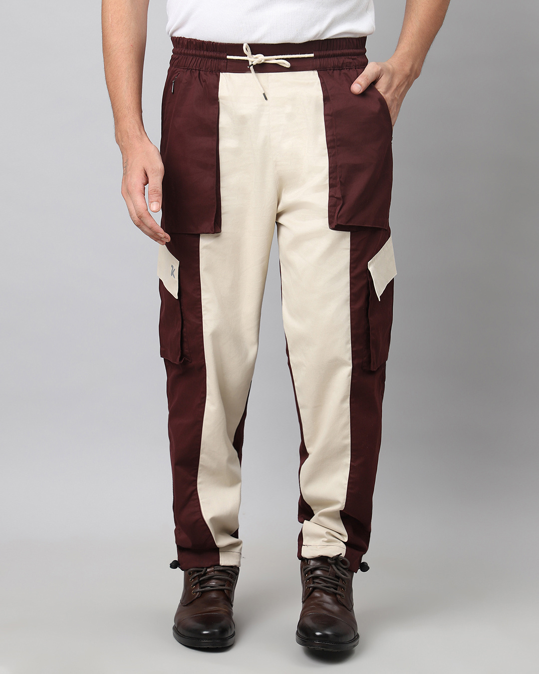 Buy Men's Beige & Maroon Color Block Loose Comfort Fit Cargo Pants ...