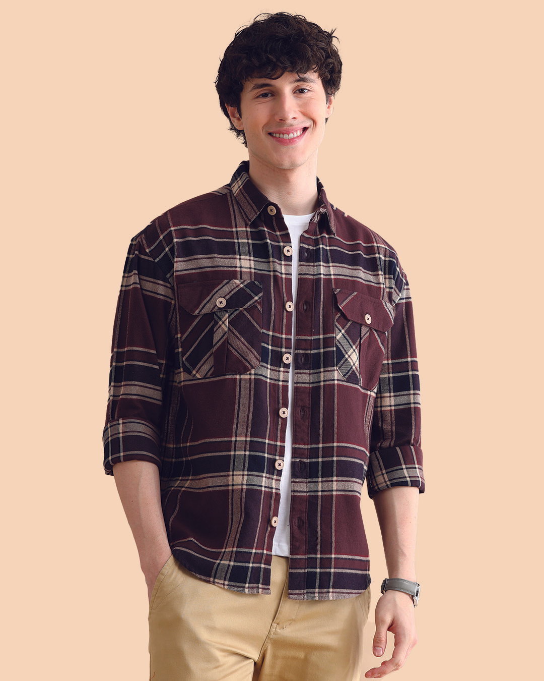 Buy Men's Maroon & Black Checked Oversized Shacket Online at Bewakoof