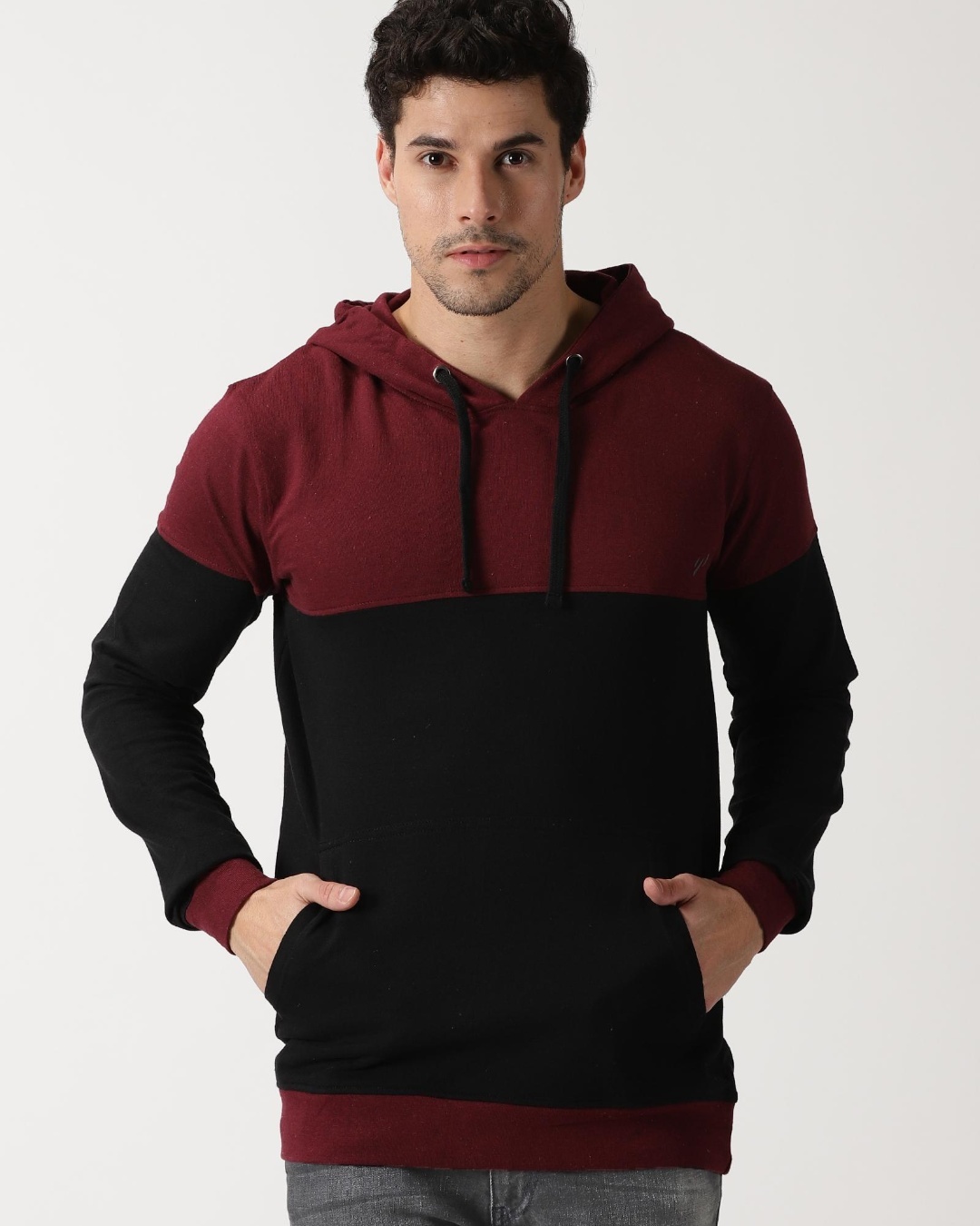Buy Men's Maroon & Black Color Block Hoodie Online in India at Bewakoof