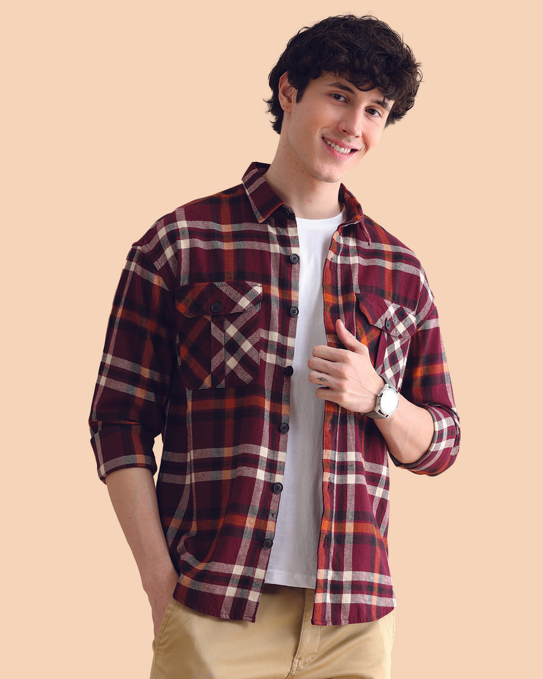 Buy Men's Maroon Checked Oversized Shacket Online at Bewakoof