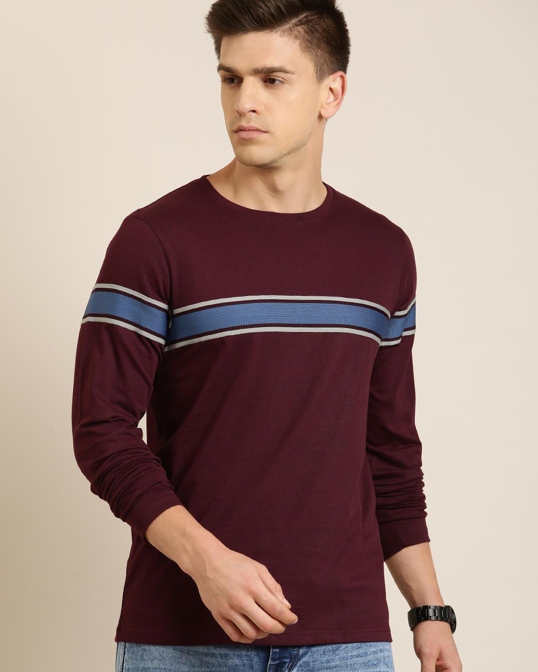 Buy Men's Maroon Striped Slim Fit T-shirt Online at Bewakoof