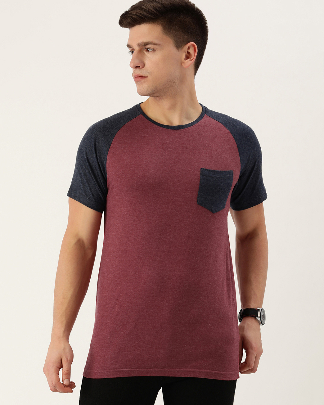 Buy Men's Maroon & Blue Color Block Cotton T-shirt Online at Bewakoof