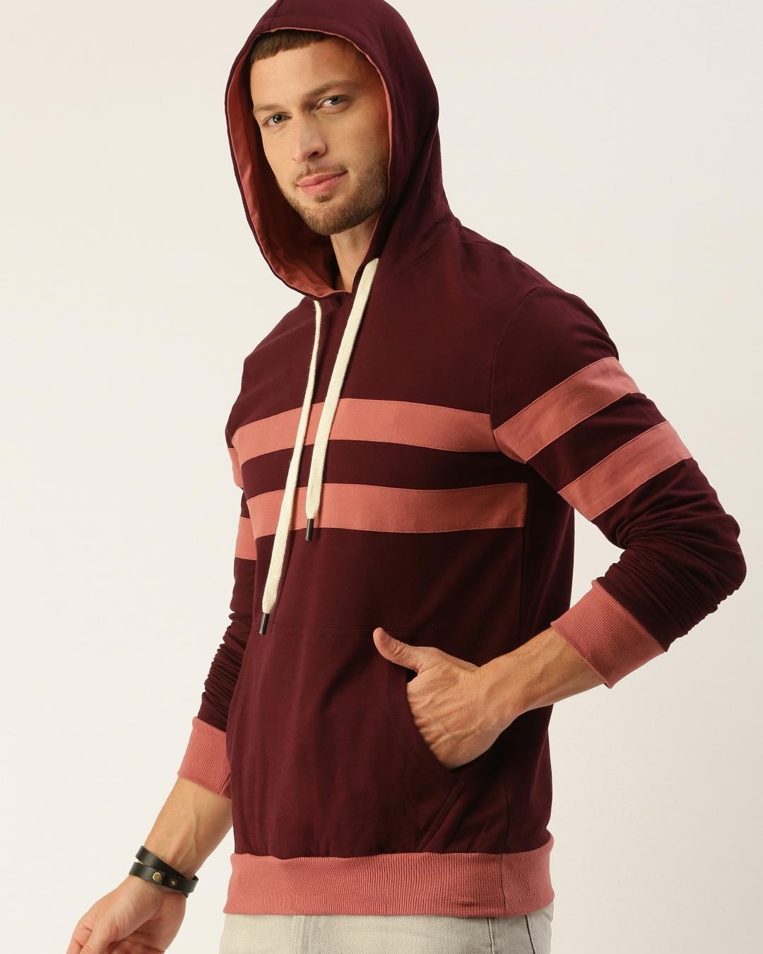 Buy Men's Maroon Color Block Hoodie Online at Bewakoof