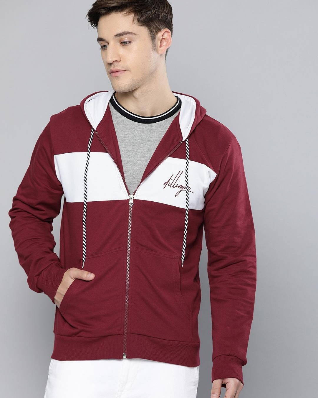 Buy Men's Maroon Color Block Hoodie Online at Bewakoof