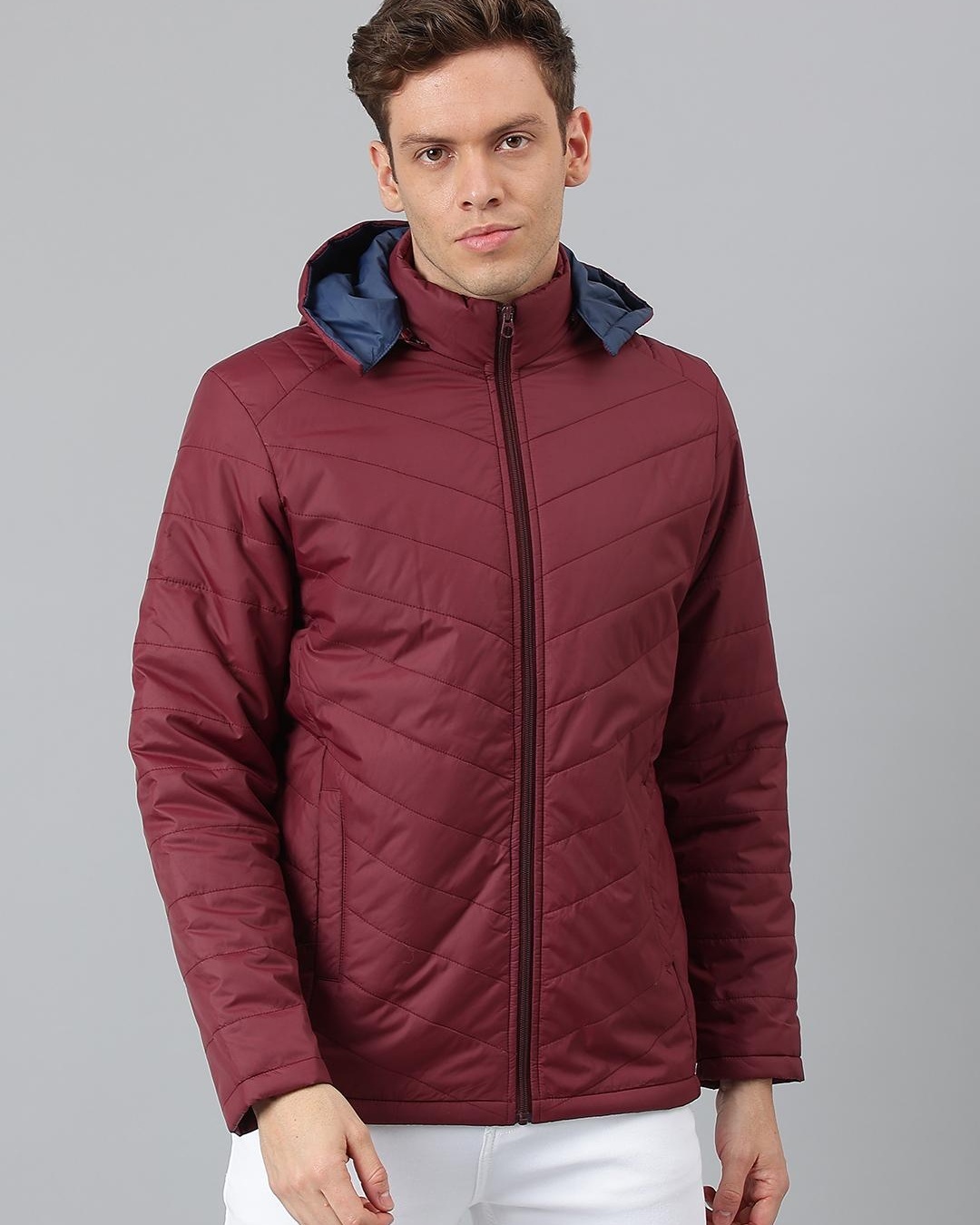 Buy Men's Maroon Color Block Puffer Hooded Jacket Online at Bewakoof