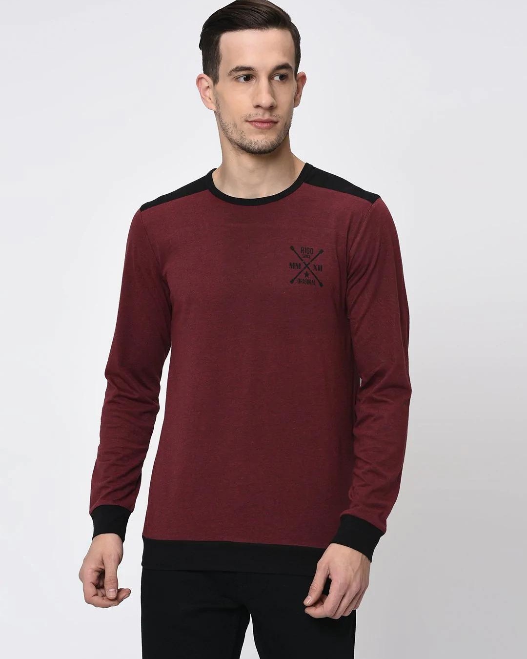 Buy Men's Maroon Color Block Slim Fit T-shirt Online at Bewakoof