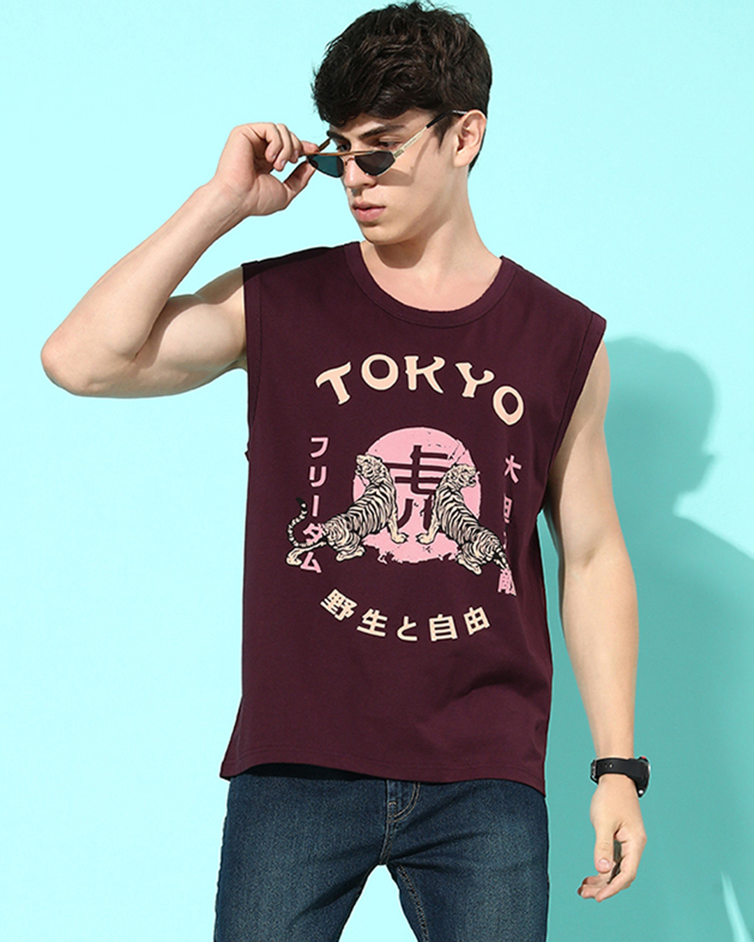 Buy Men's Maroon Graphic Printed Oversized Vest Online at Bewakoof