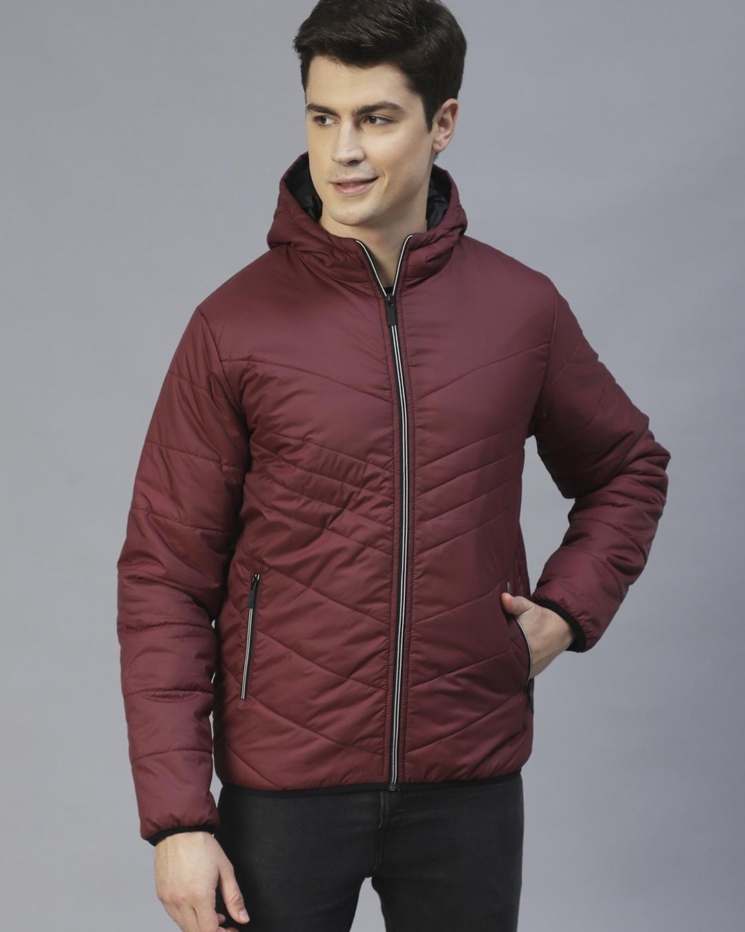 Buy Men's Maroon Hooded Puffer Jacket Online at Bewakoof