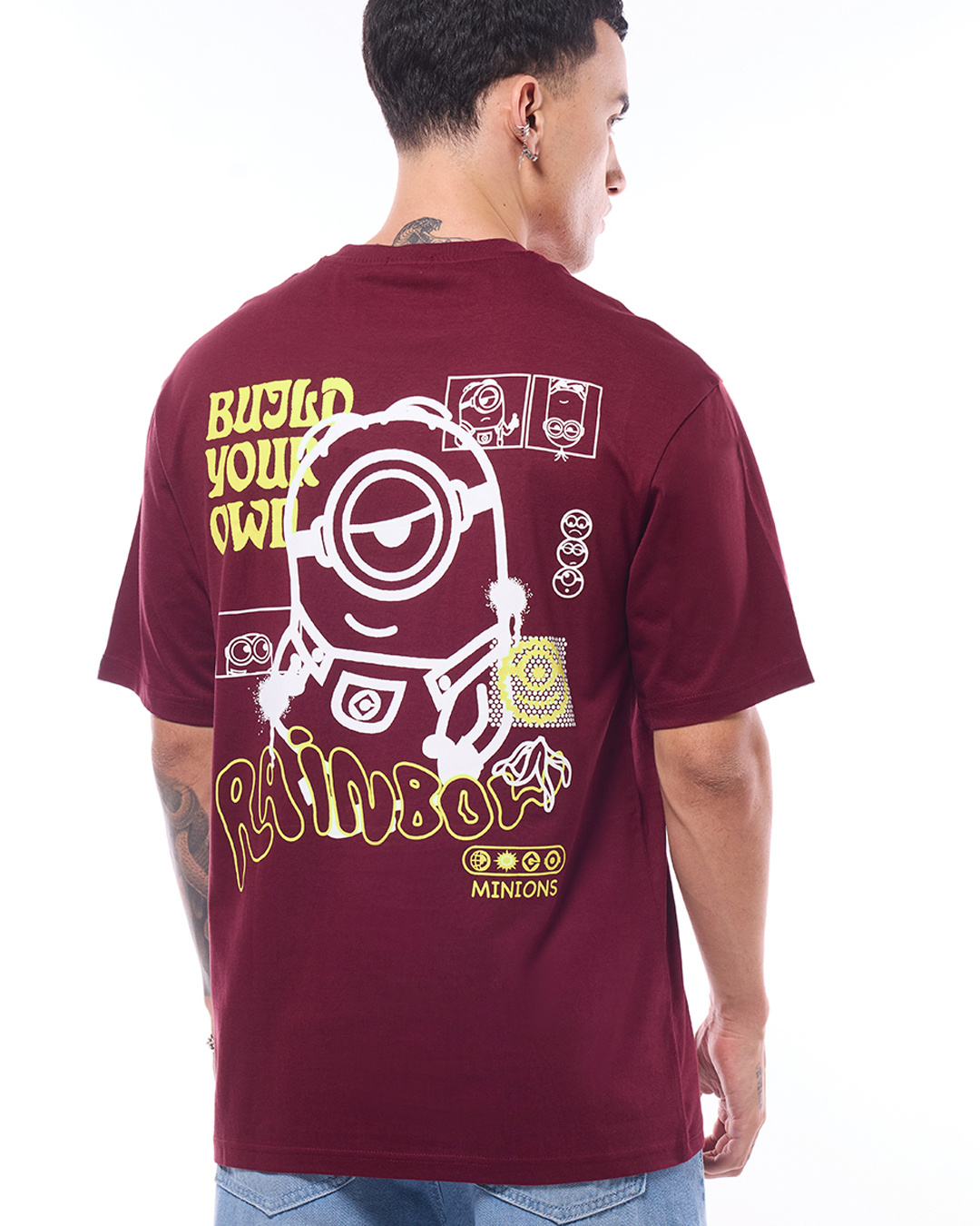 Buy Men's Maroon Rainbow Minion Graphic Printed Oversized T-shirt ...
