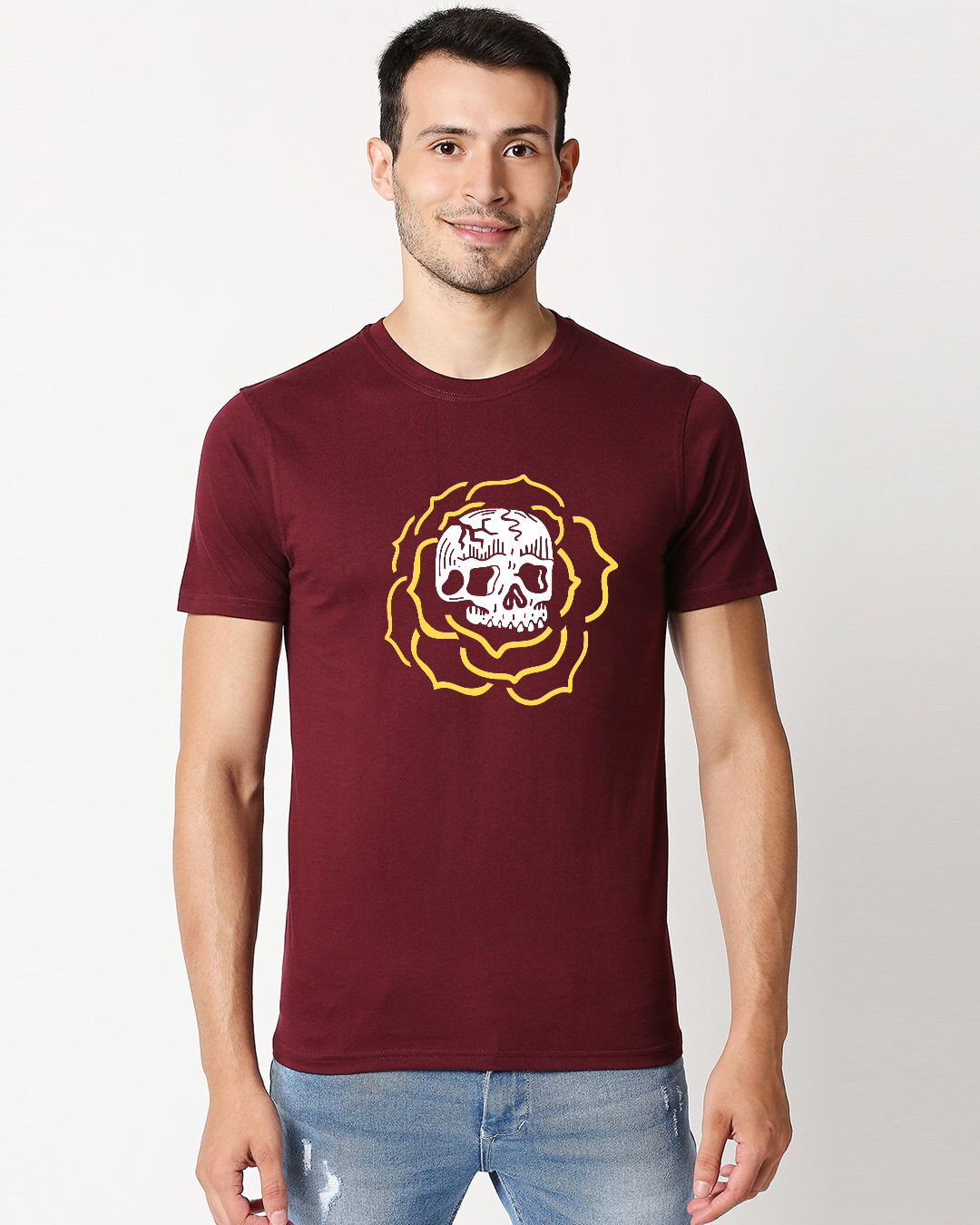 Buy Men's Maroon Skull Flower Printed T-shirt Online at Bewakoof