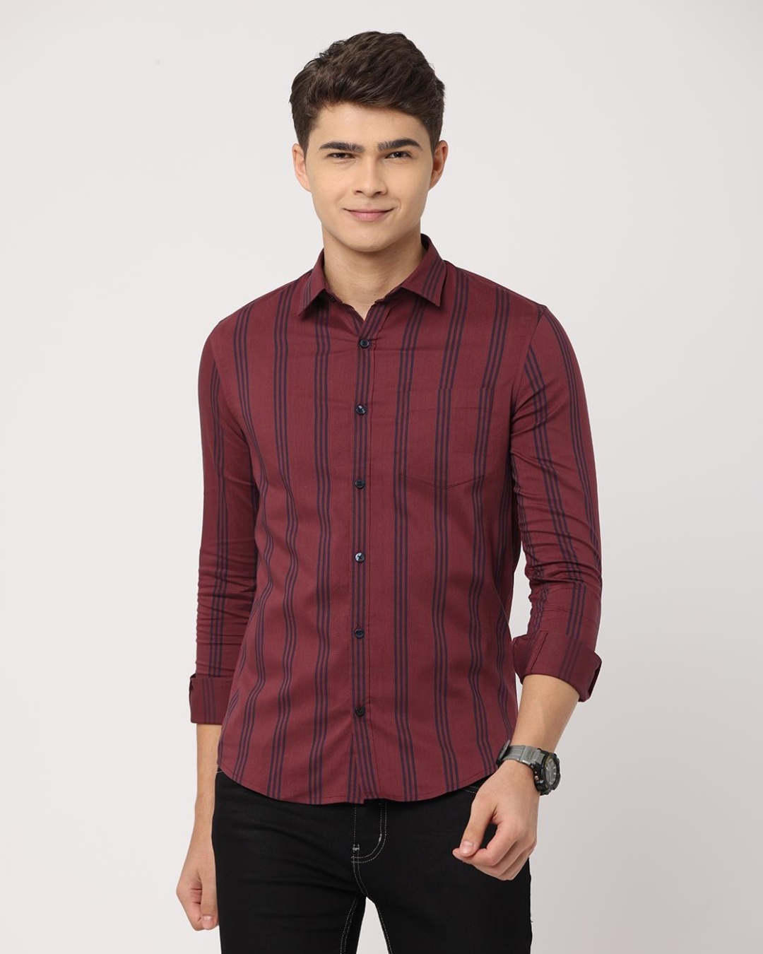 Buy Men's Maroon Striped Slim Fit Shirt Online at Bewakoof