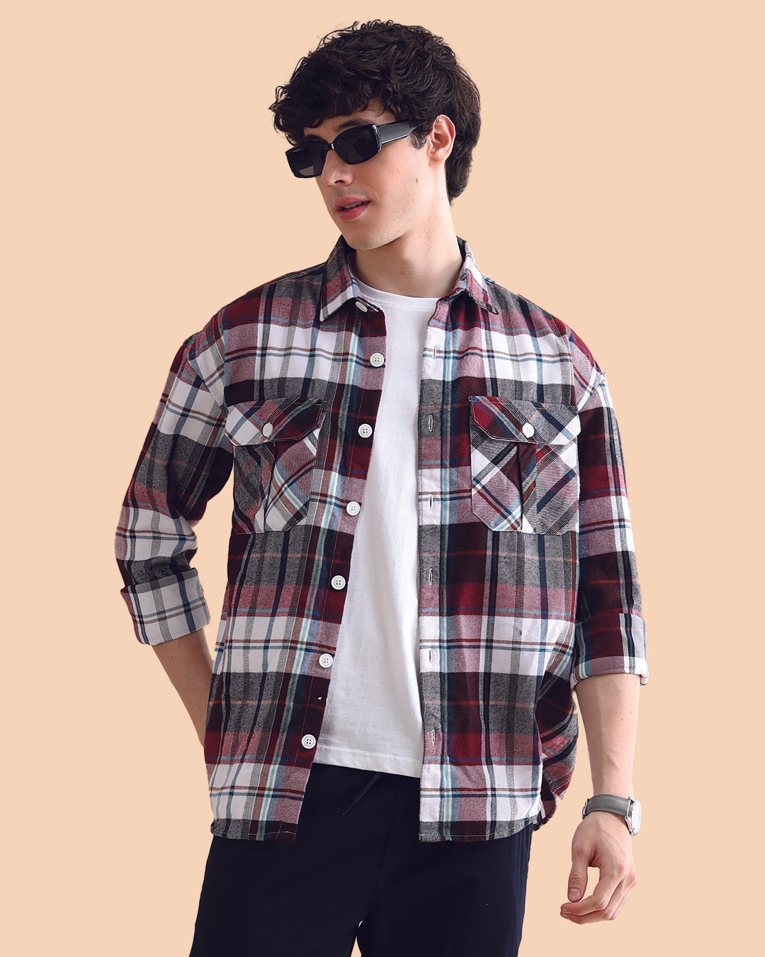 Buy Men's Maroon & White Checked Oversized Shacket Online at Bewakoof