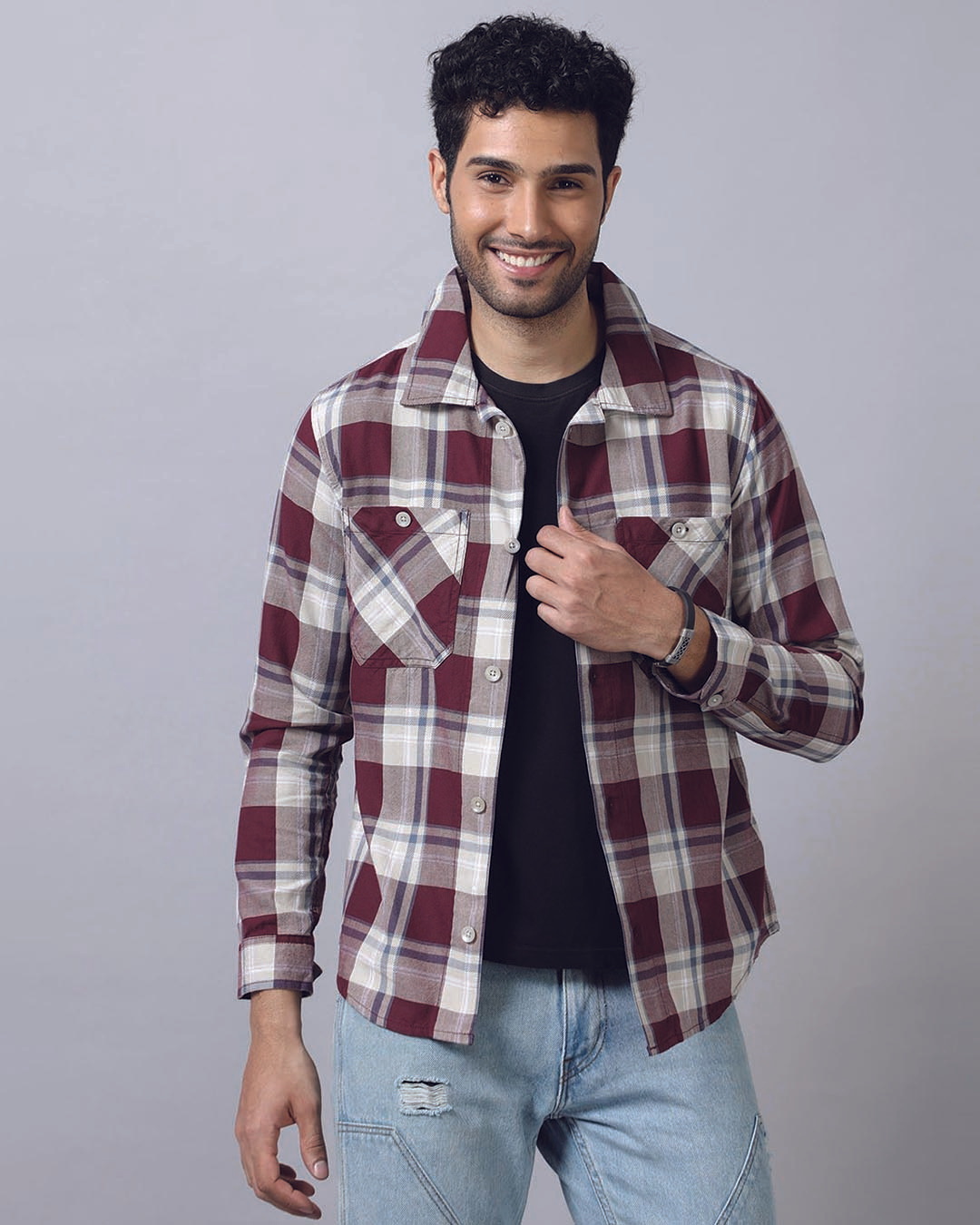 Buy Men's Maroon & White Checked Shacket Online at Bewakoof
