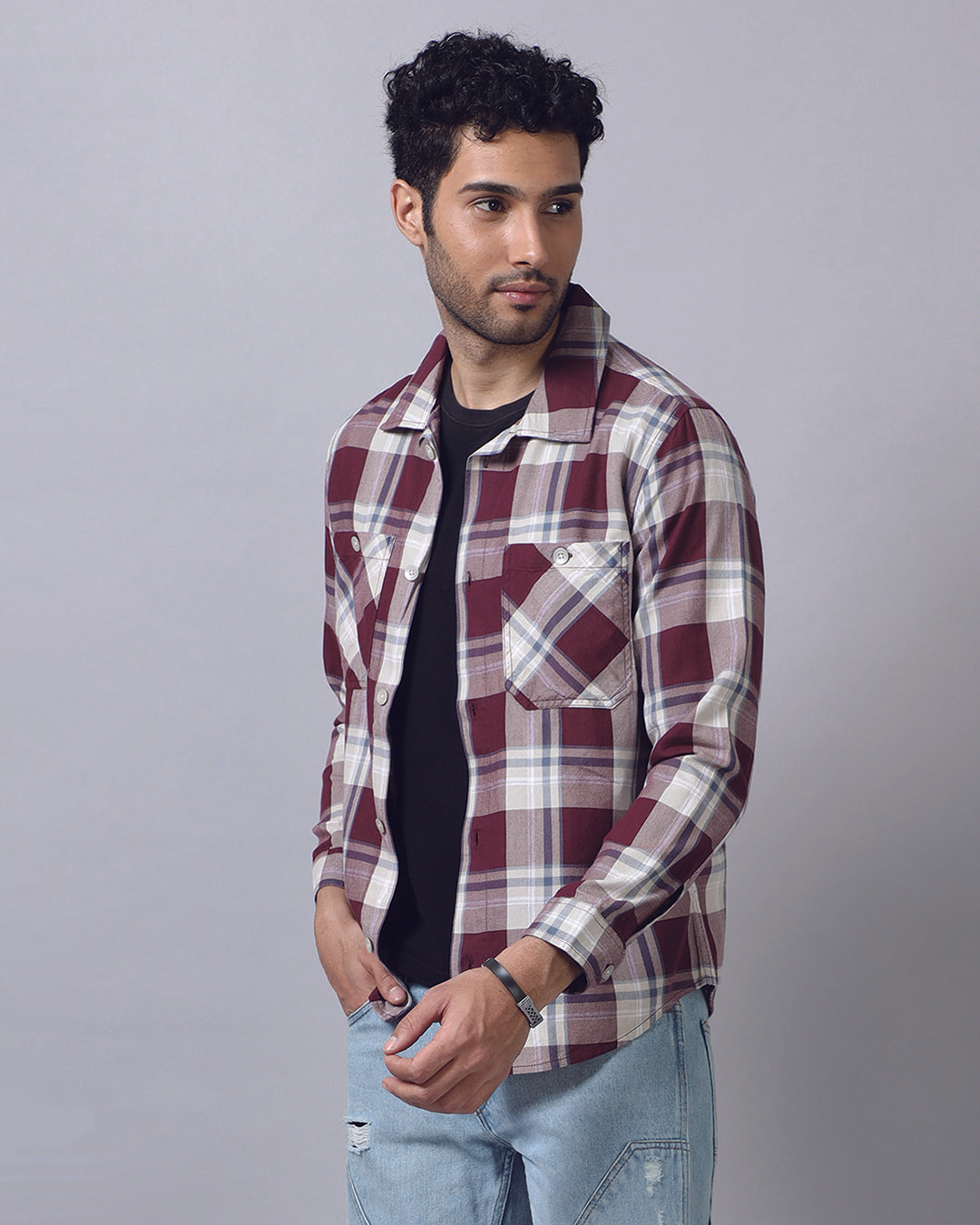 Buy Men's Maroon & White Checked Shacket Online at Bewakoof